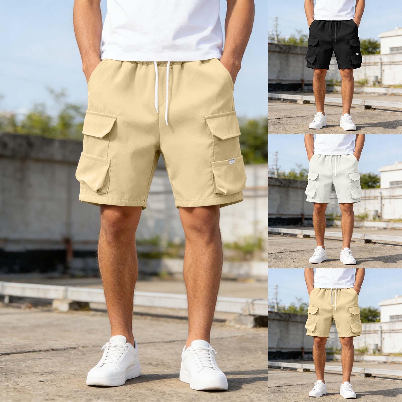 BiZtdJrK Khaki Gym Jogger Shorts Men Big and Tall Drawstring Elastic ...