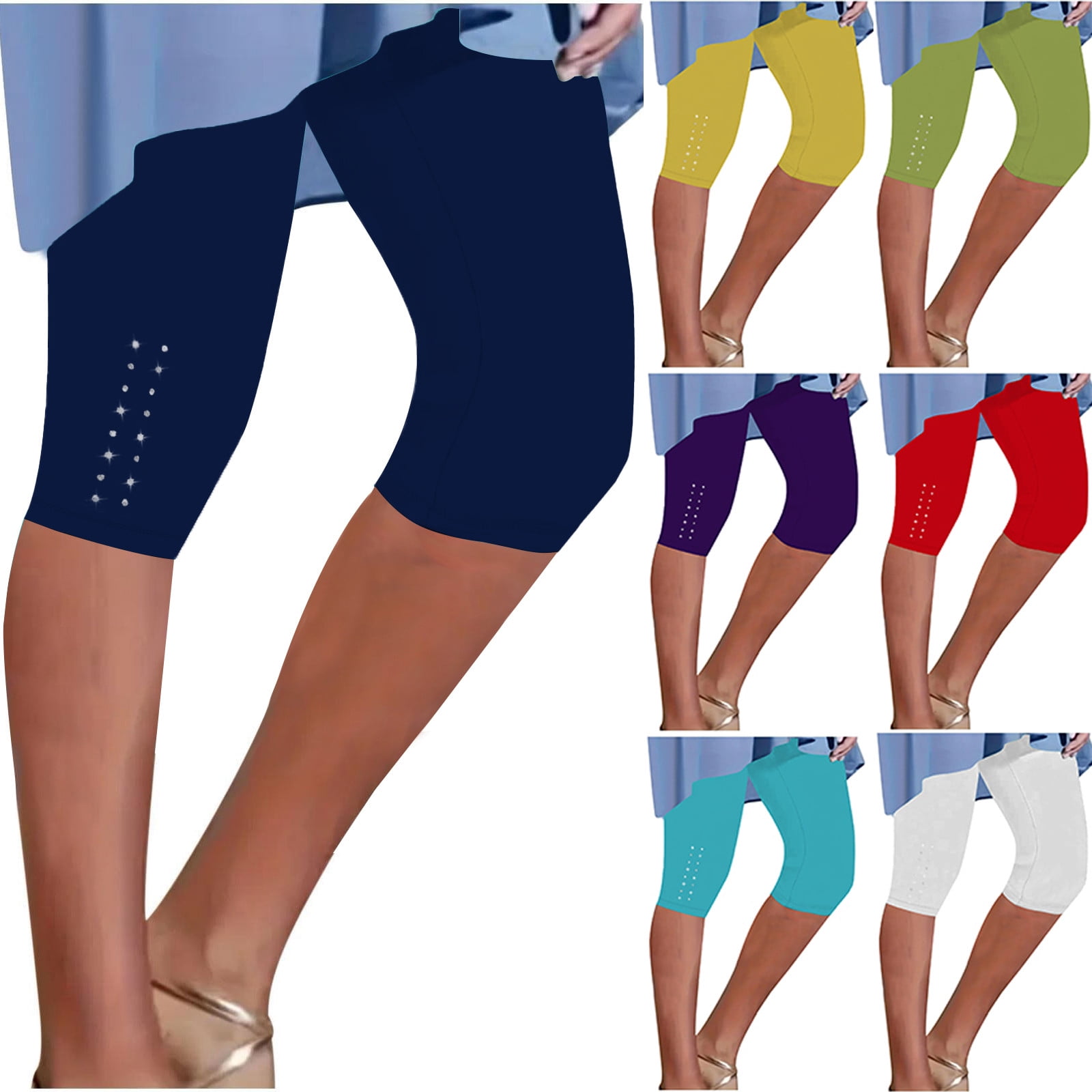 BiZtdJrK Knee Below Workout Shorts for Women Rhinestone Elastic High ...