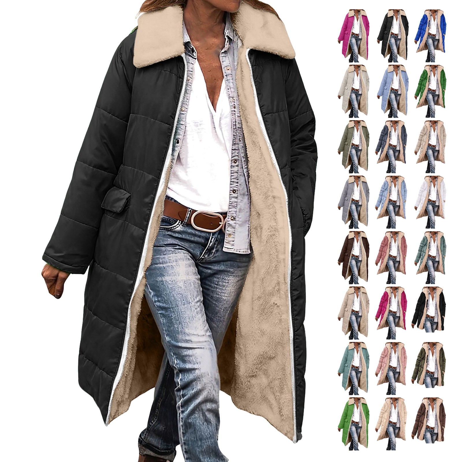 BiZtdJrK Knee Length Winter Coat for Women Lapel Long Sleeve Fleece ...