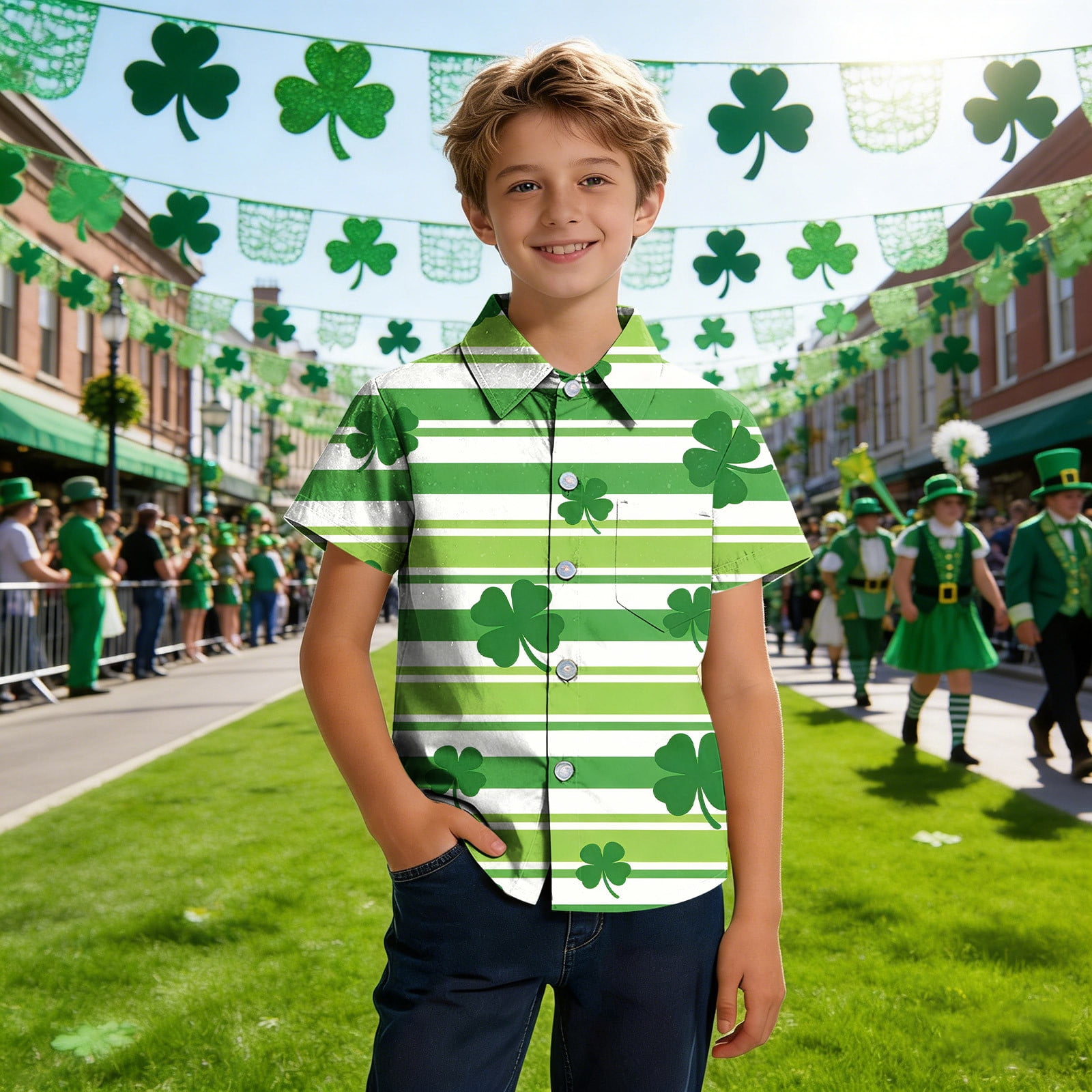 BiZtdJrK Lapel Button Down Shirt for Boy Luck Shamrock Graphic Short ...