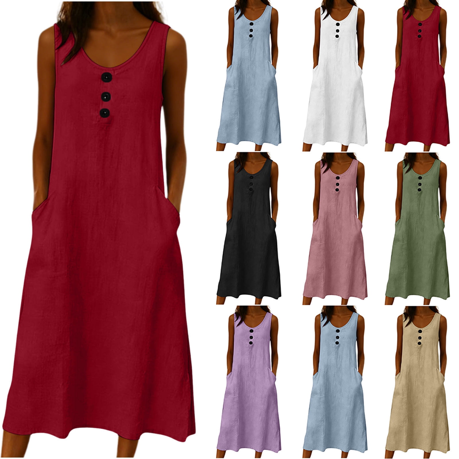 BiZtdJrK Light Blue Lightweight Linen Summer Dress Women Button Up ...