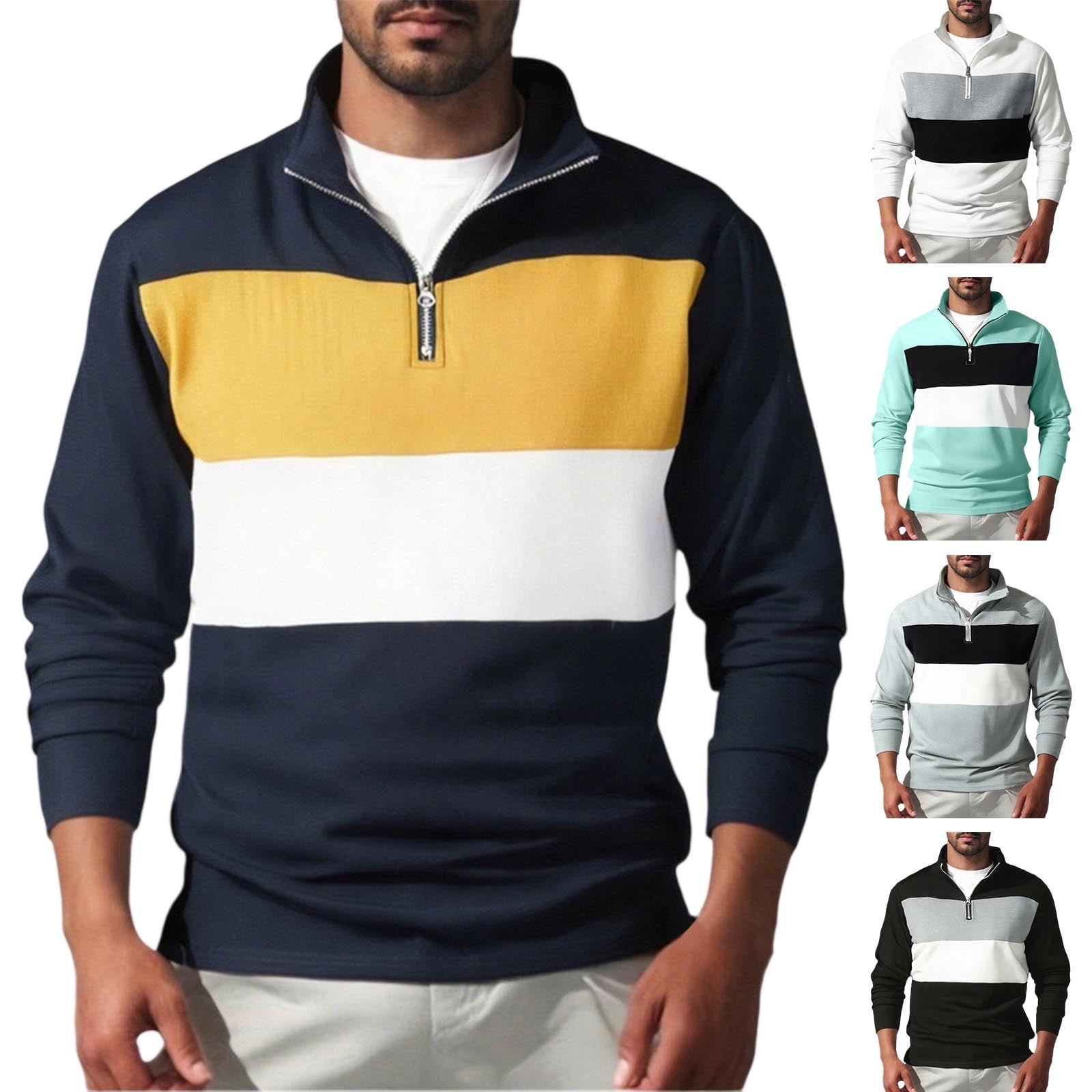 BiZtdJrK Light Blue Long Sleeve Polos Shirts for Men Casual Zip Long ...