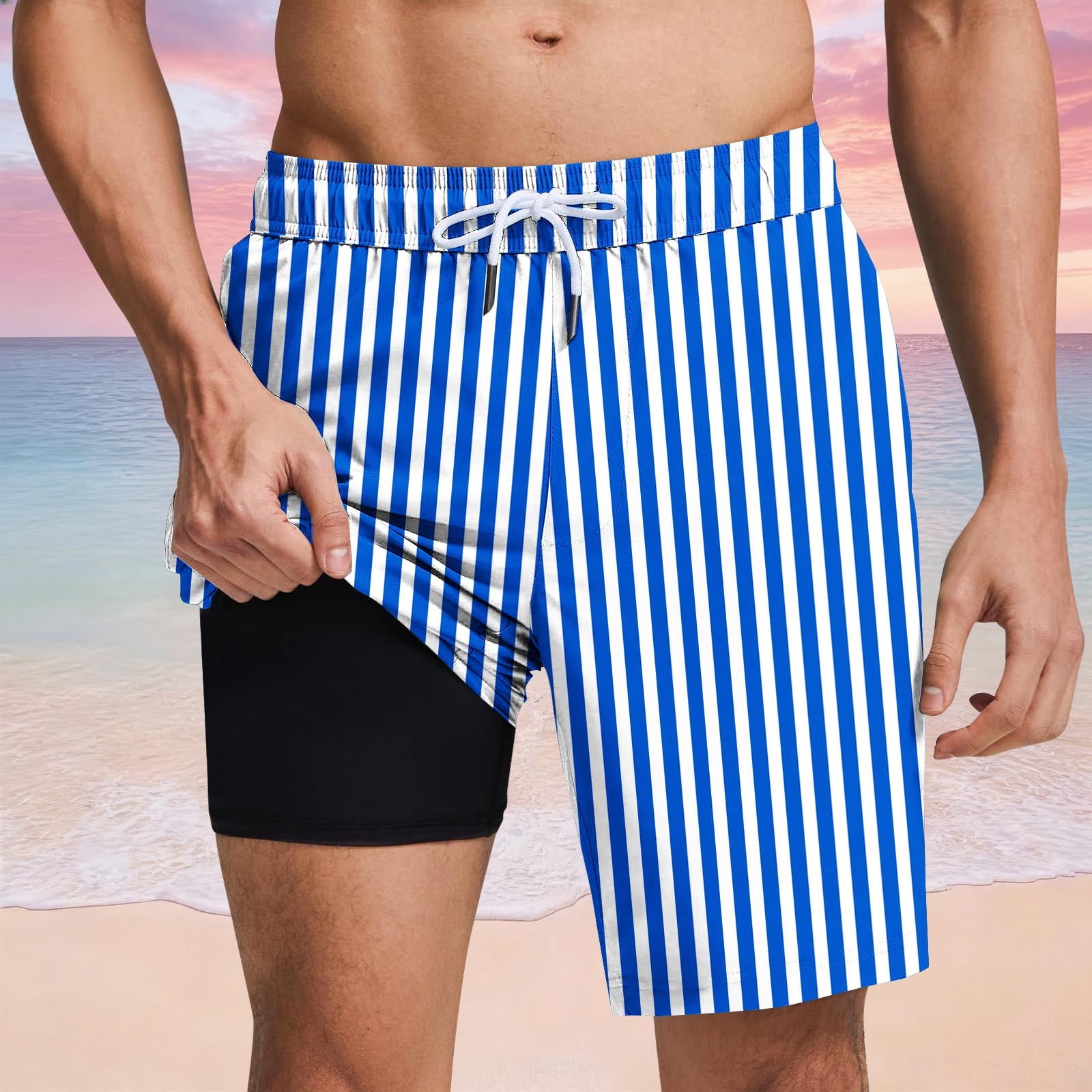 BiZtdJrK Light Blue Mens Swim Trunks with Compression Liner Striped ...