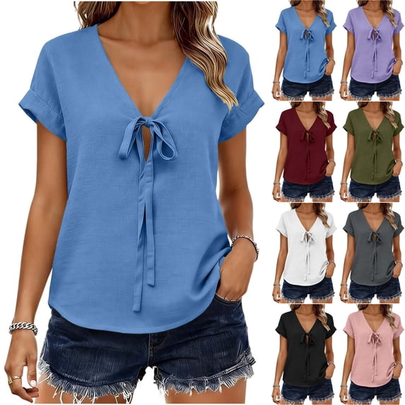 BiZtdJrK Light Blue Women Linen Summer Shirts Tie Front V Neck Rolled ...