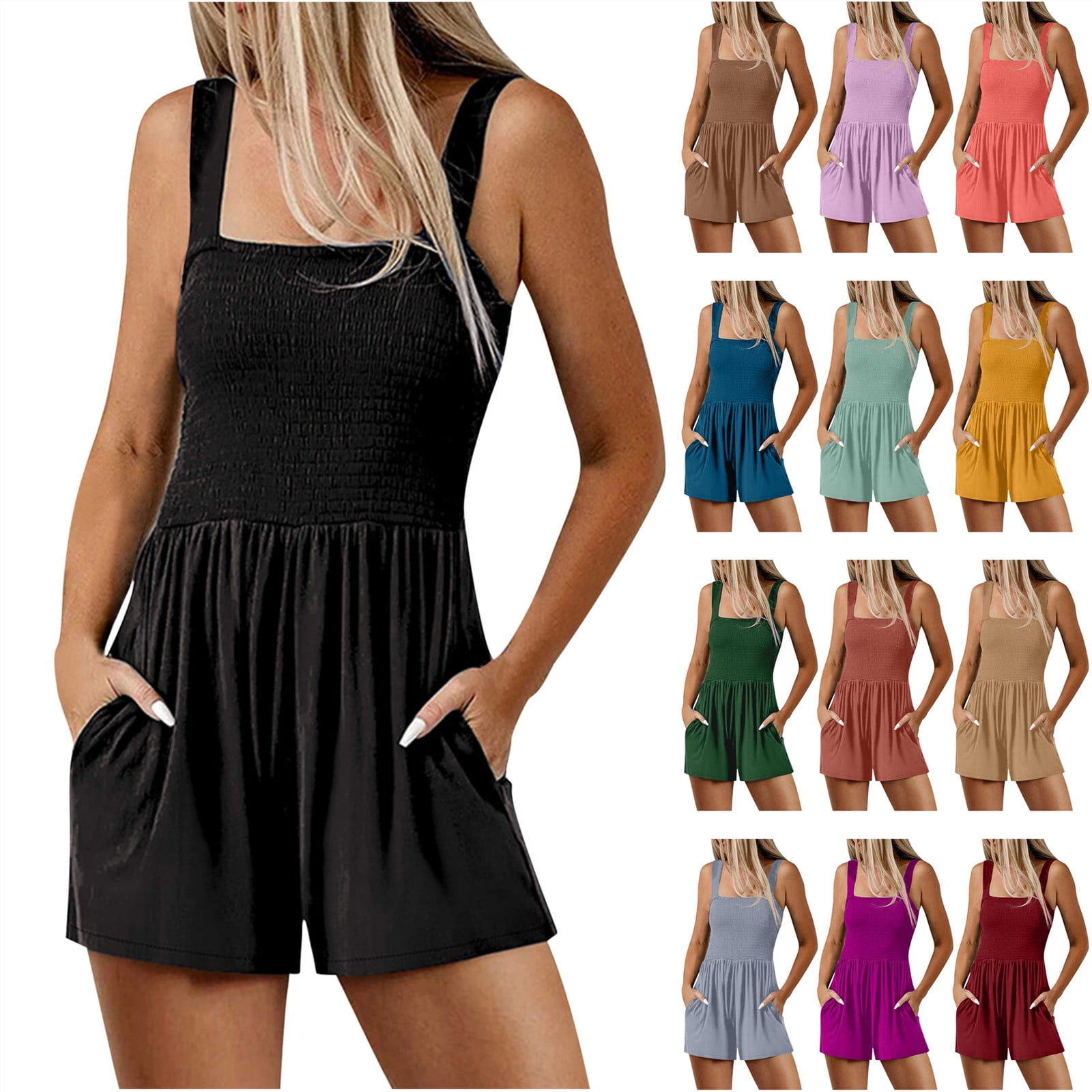 BiZtdJrK Lightning Sale, Rompers for Women Summer Smocked Square Neck ...