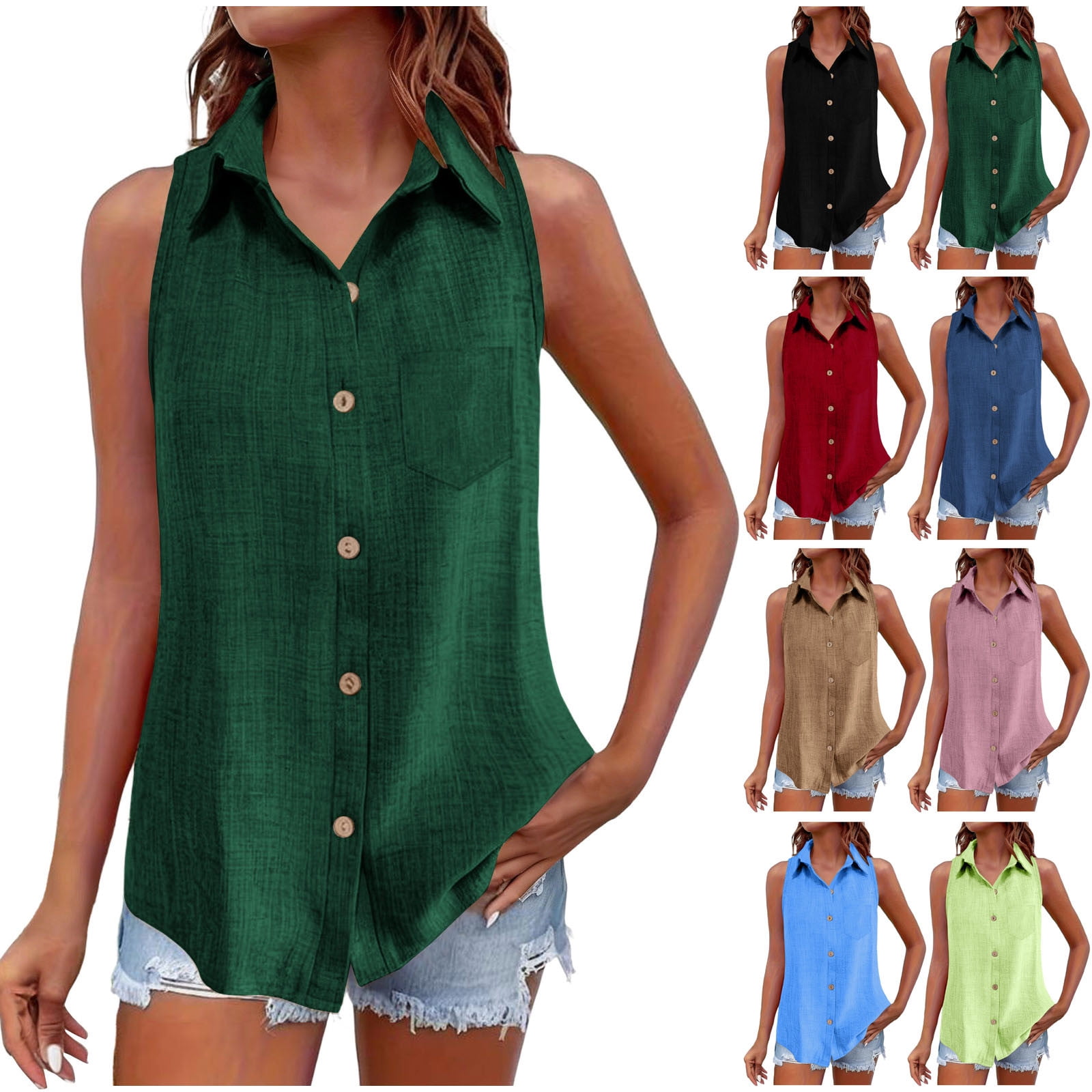 BiZtdJrK Linen Button Down Shirts for Women Lapel V Neck Sleeveless ...