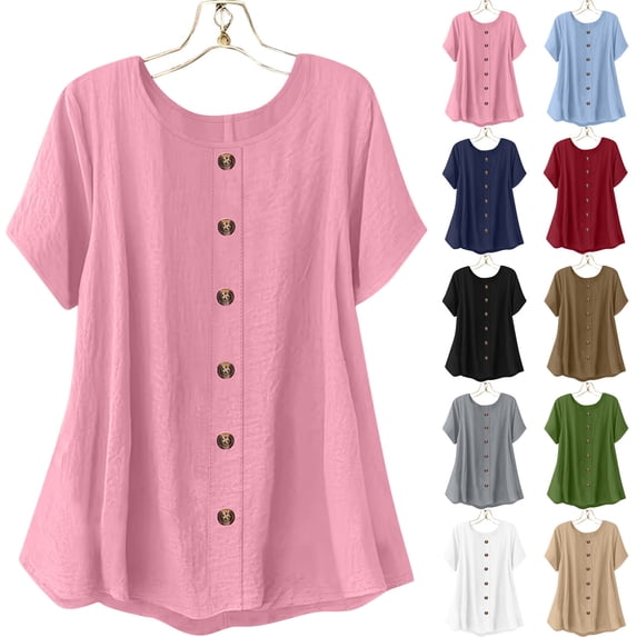 BiZtdJrK Blue Linen T Shirts for Women Button Design Short Sleeve Crew ...