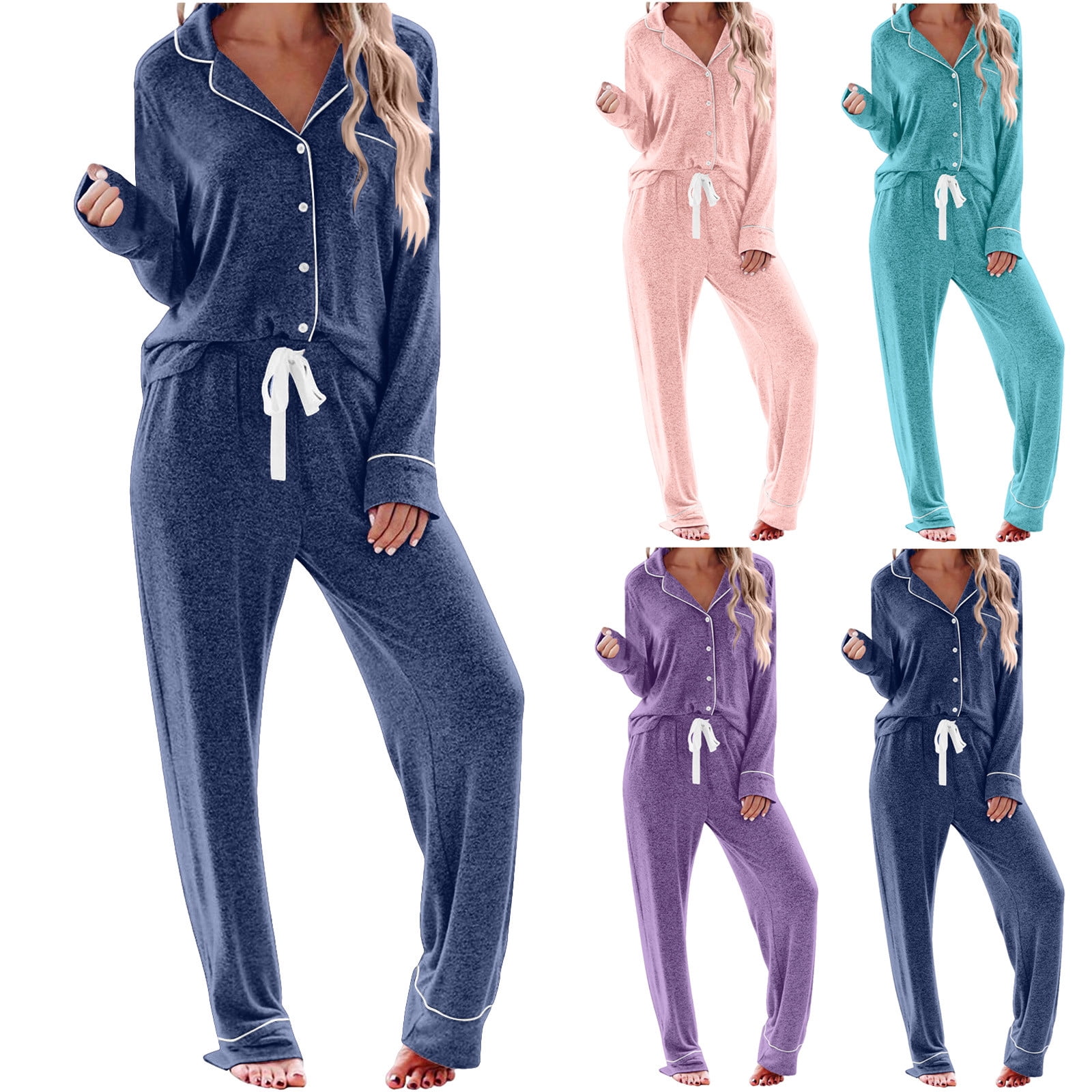 BiZtdJrK Long Pajamas for Women Set V Neck Button Down Tops and ...