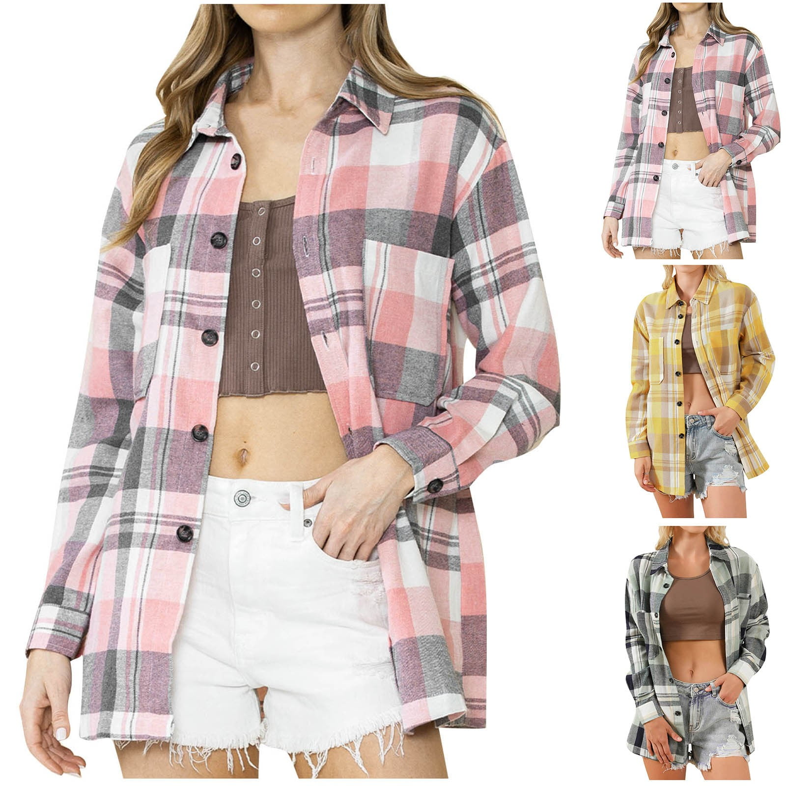 BiZtdJrK Long Sleeve Blouse Tops for Women Fashion Plaid Shirt Jacket ...