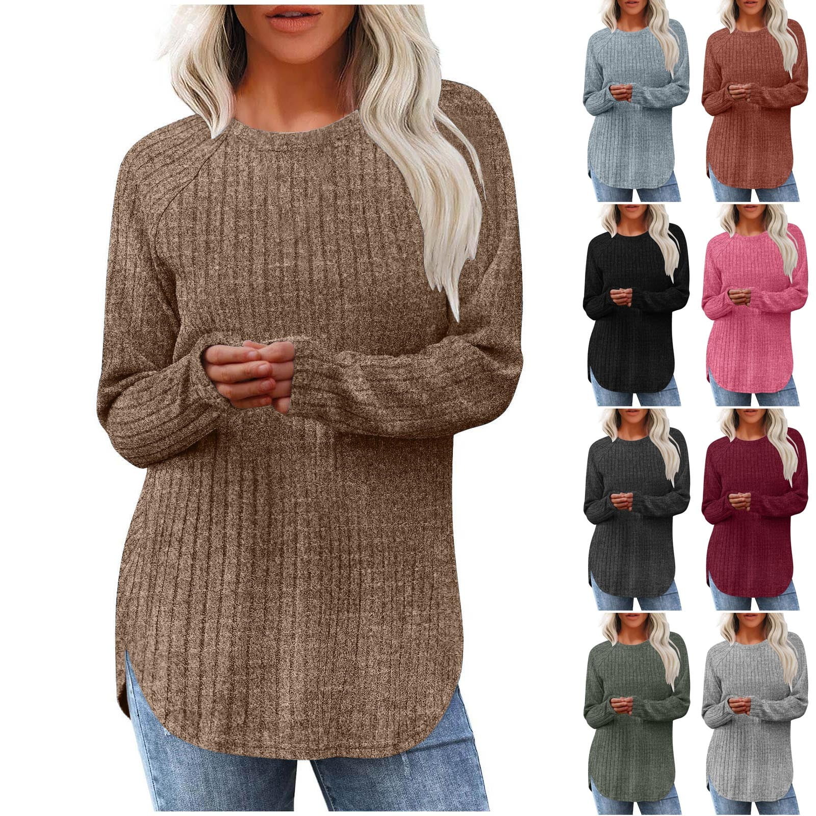 BiZtdJrK Long Sleeve Pullover for Women Side Split Loose Fit Kint Sweater Crew Neck Basic ...