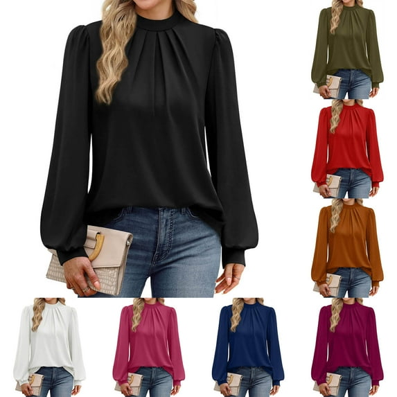 BiZtdJrK Long Sleeve Shirts for Women Pleated Front Mock Neck Tops Soft ...