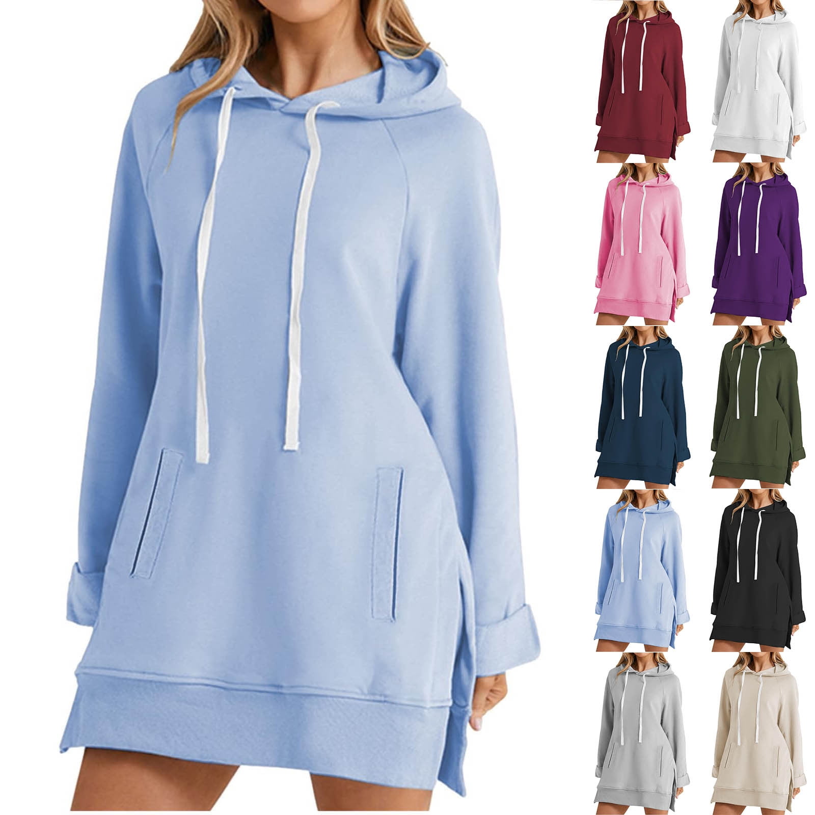 BiZtdJrK Loose Hooded Sweatshirt Dress for Women Side Split Long Sleeve ...