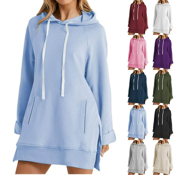 BiZtdJrK Loose Hooded Sweatshirt Dress for Women Side Split Long Sleeve ...