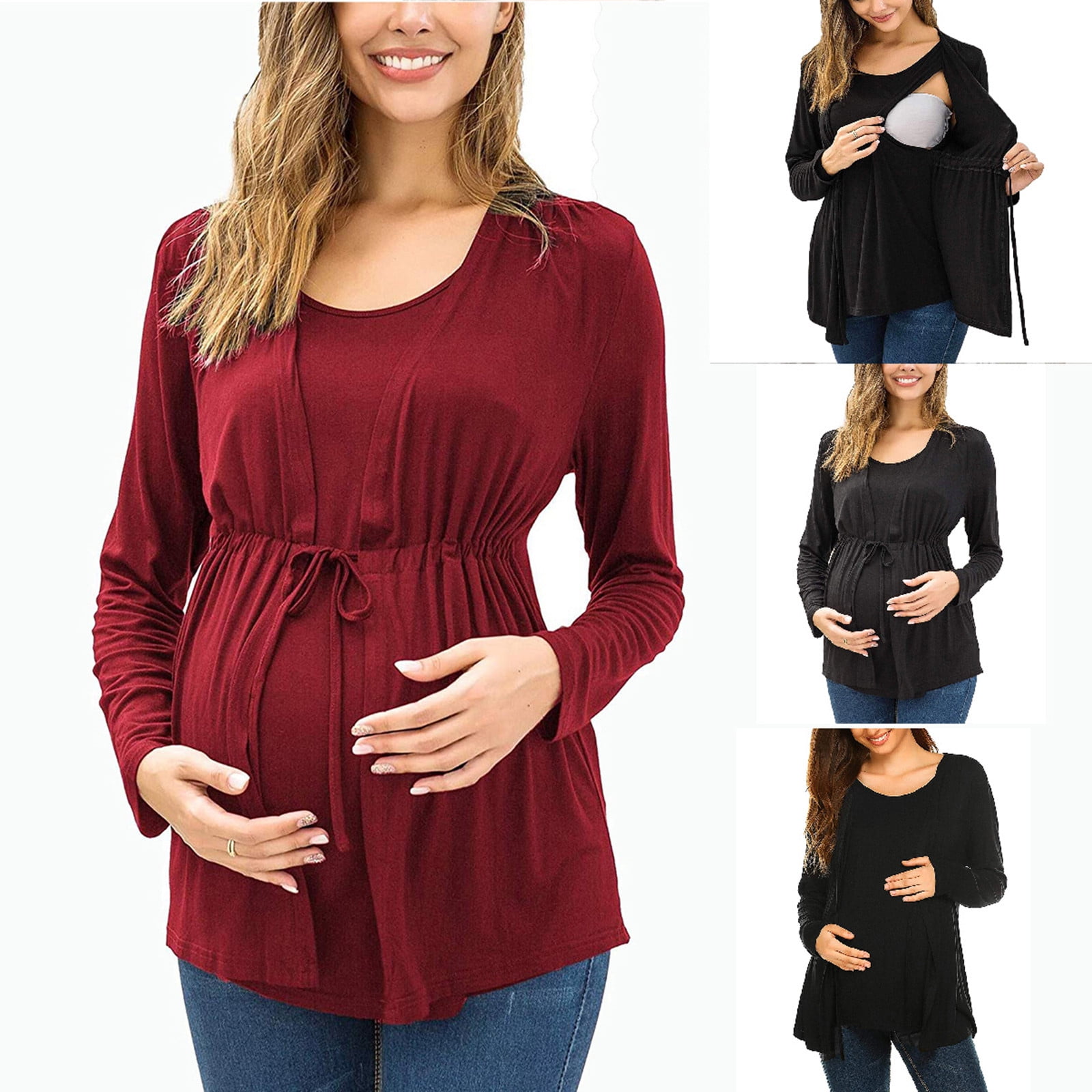 BiZtdJrK Maternity Nursing Tops for Women Double Layer Coat Bow Sash ...
