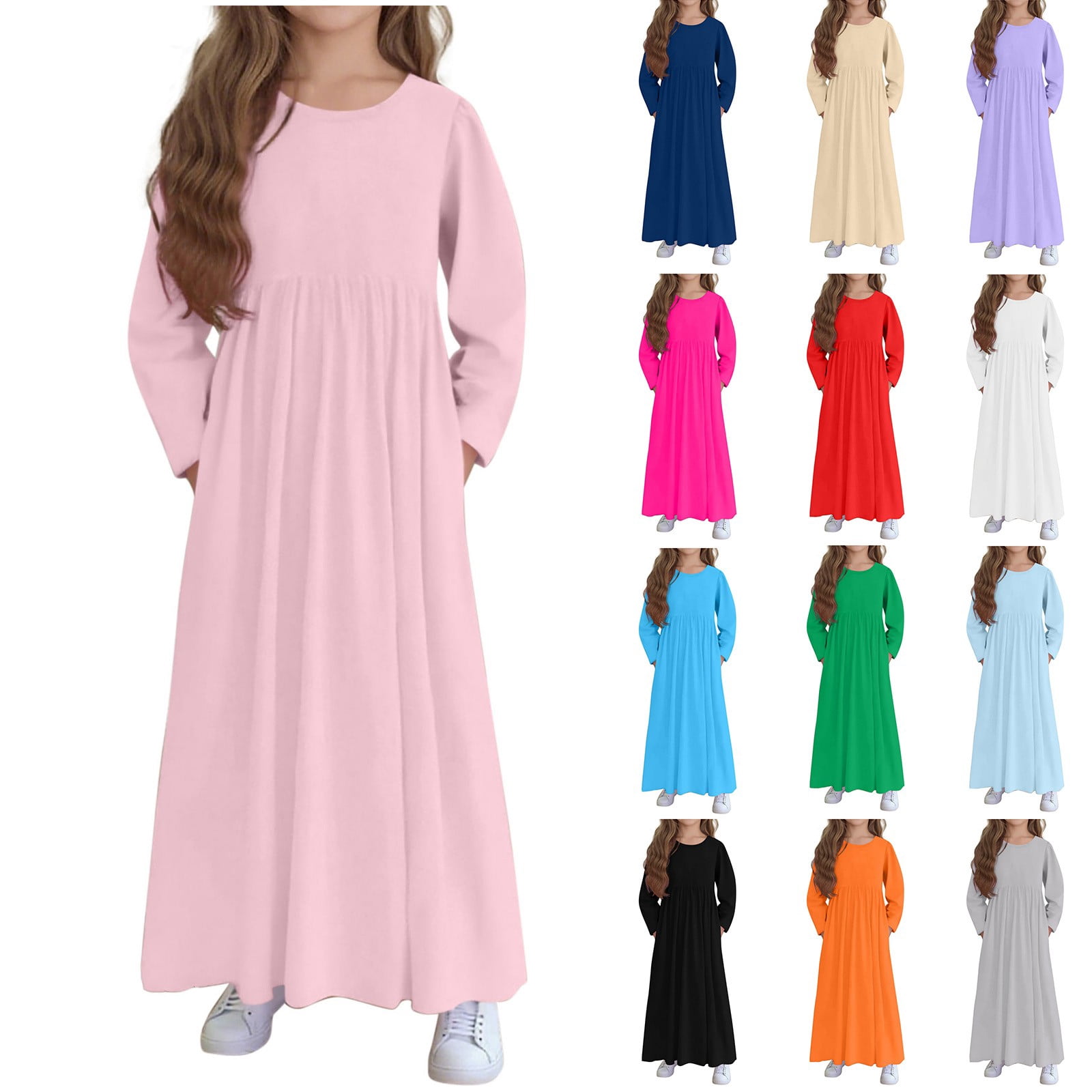 BiZtdJrK Maxi Dress for Girl Pleated Long Sleeve Crew Neck Casual ...