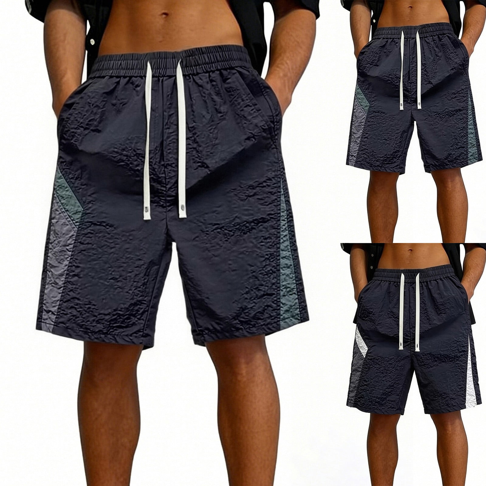 BiZtdJrK White Men Active Shorts Color Block Knee Length Drawstring ...