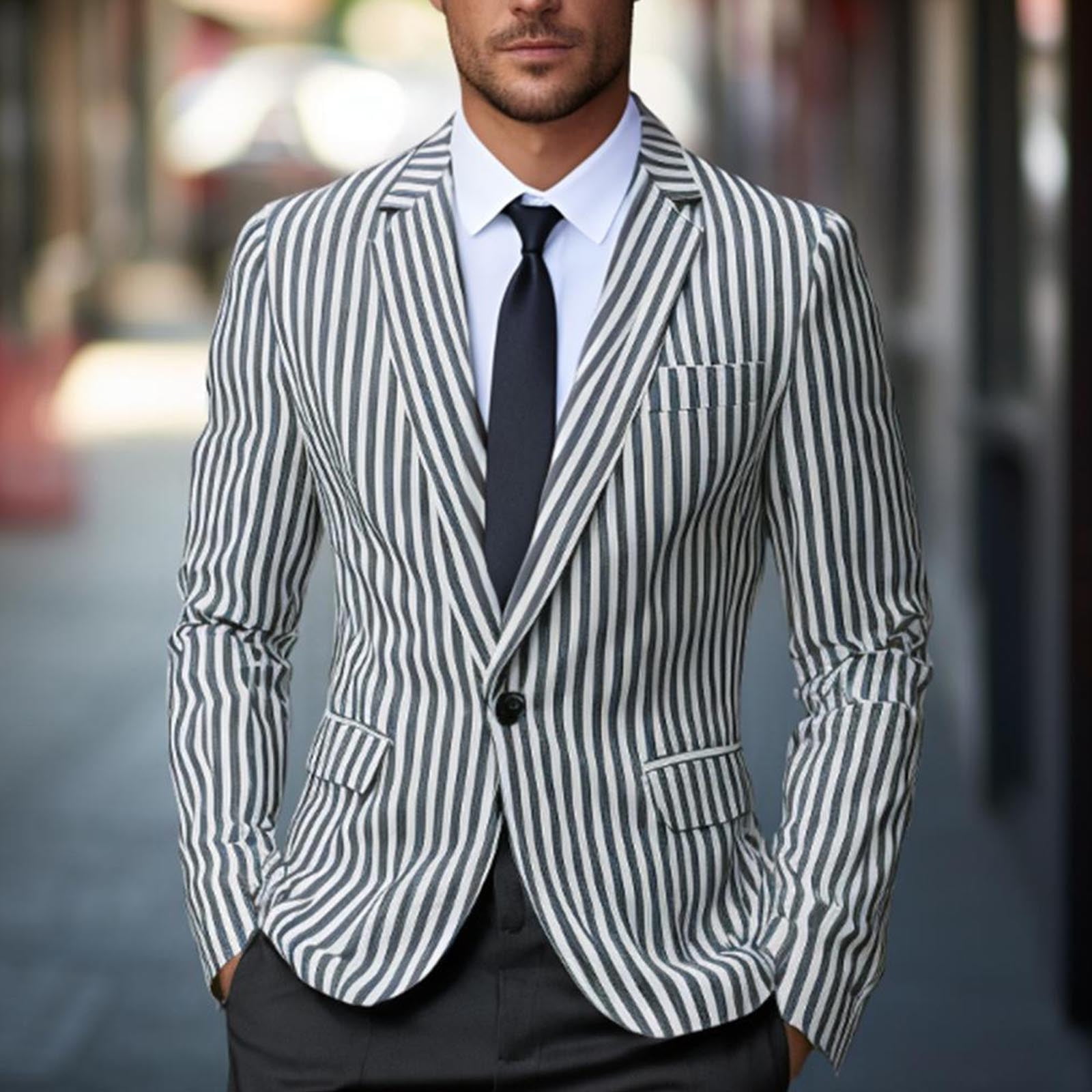 BiZtdJrK Men Business Blazer Striped Lapel Collar One Button Suit ...