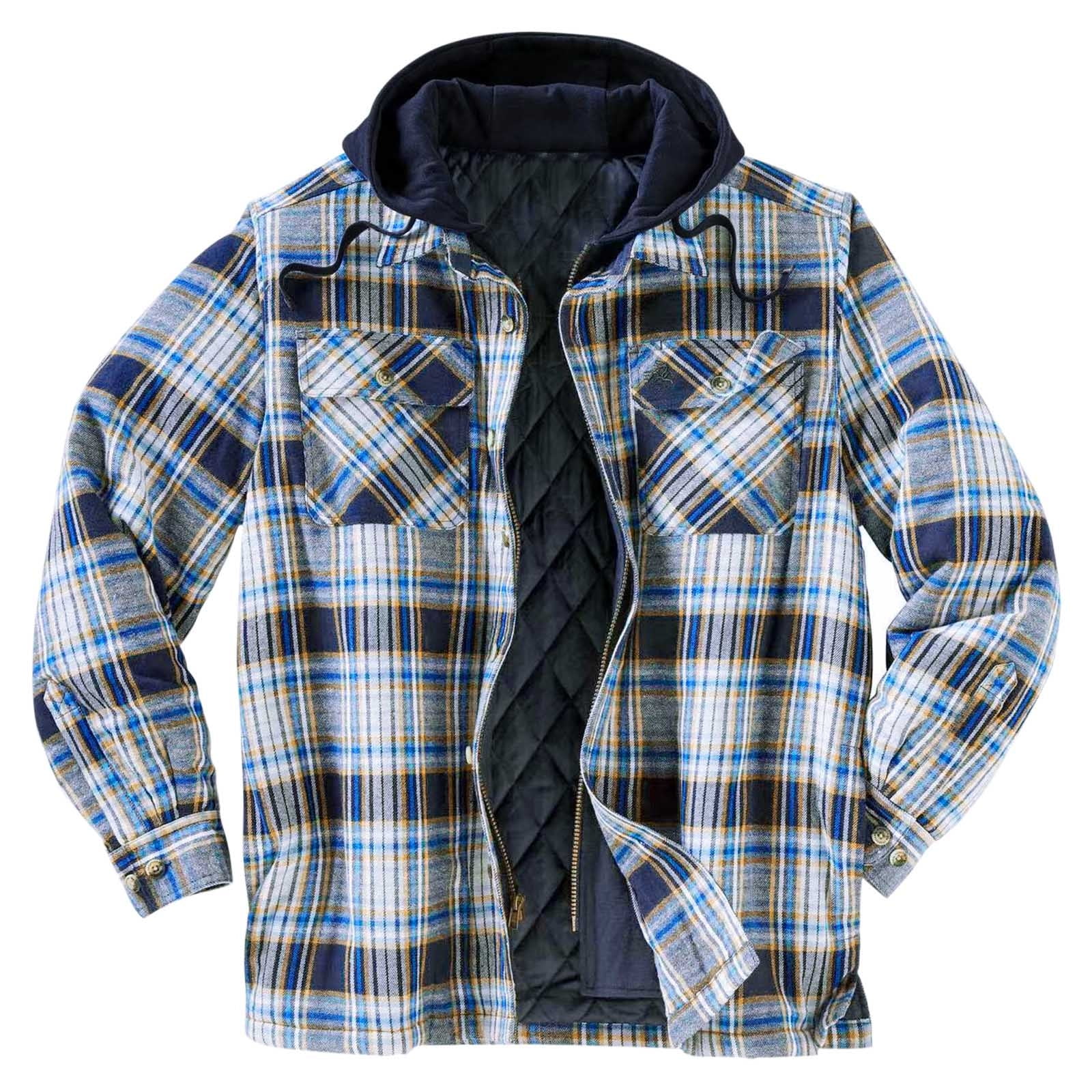 BiZtdJrK Men Hooded Plaid Jacket Quilted Lined Long Sleeve Warm Jackets ...