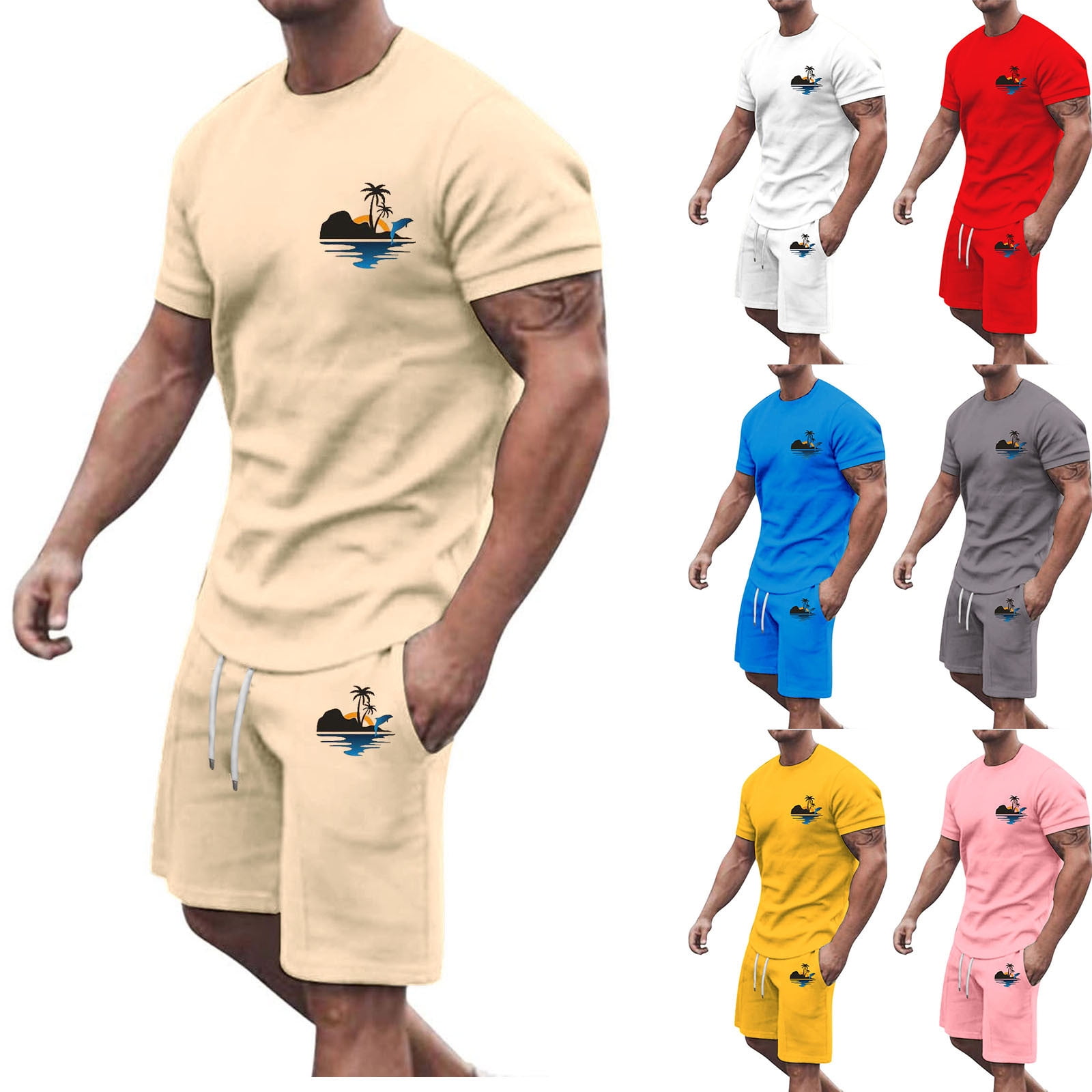BiZtdJrK Men Short Sleeve Shirts Matching Drawstring Beach Shorts 2 ...