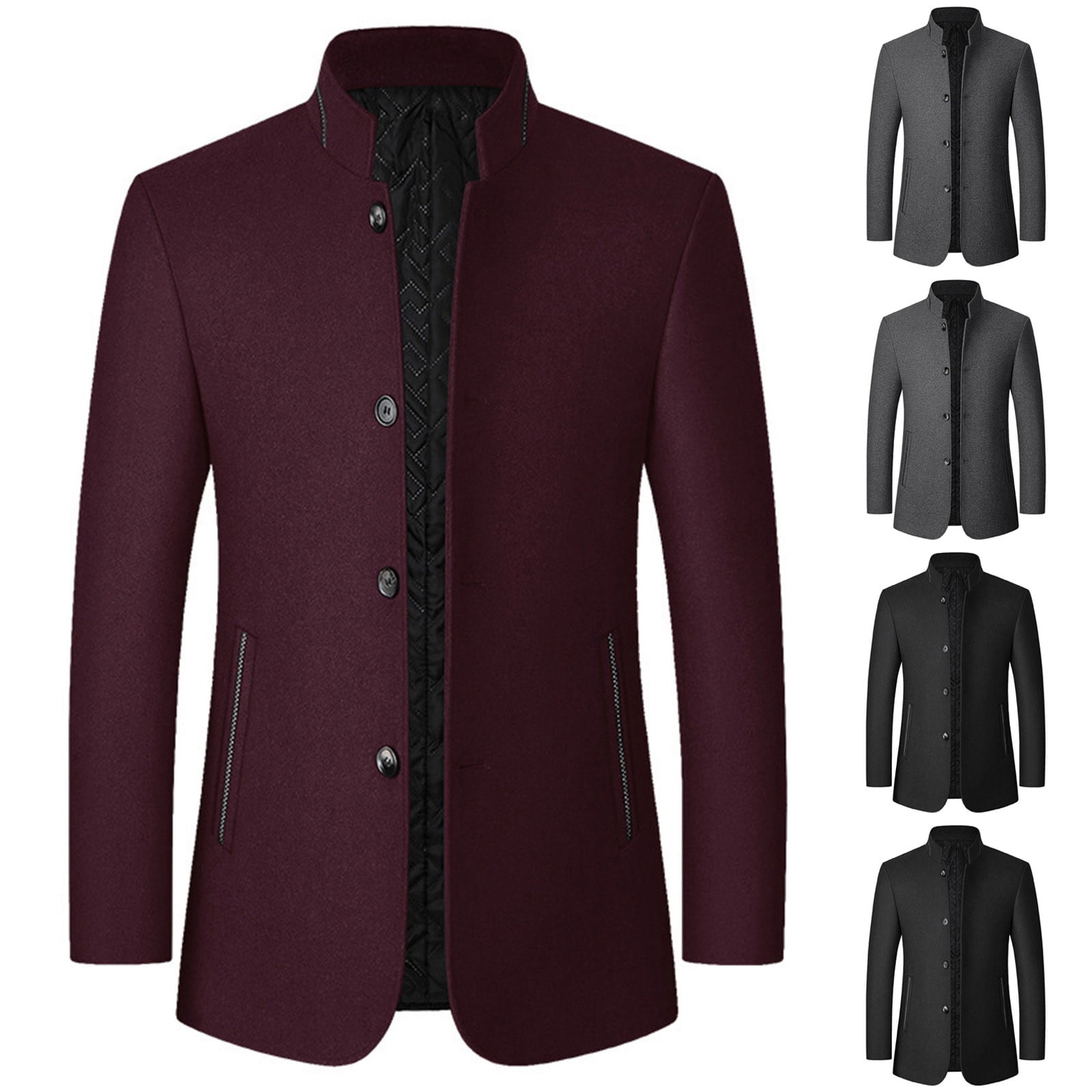 BiZtdJrK Men Stand Collar Sport Jacket Woolen Single Breasted Long ...