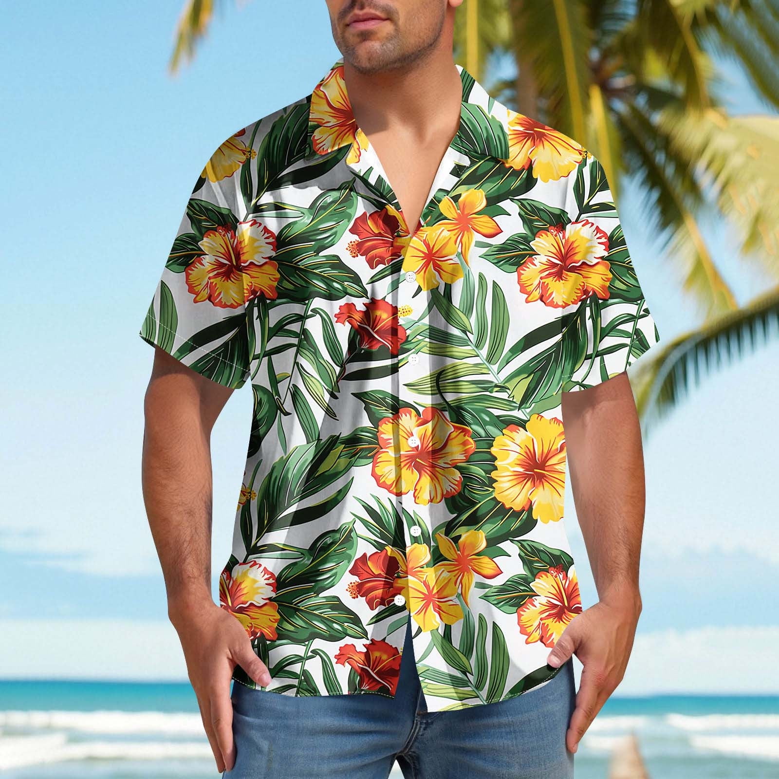 BiZtdJrK Men Wrinkle Free Hawaiian Shirts Tropical Print Lapel Short ...