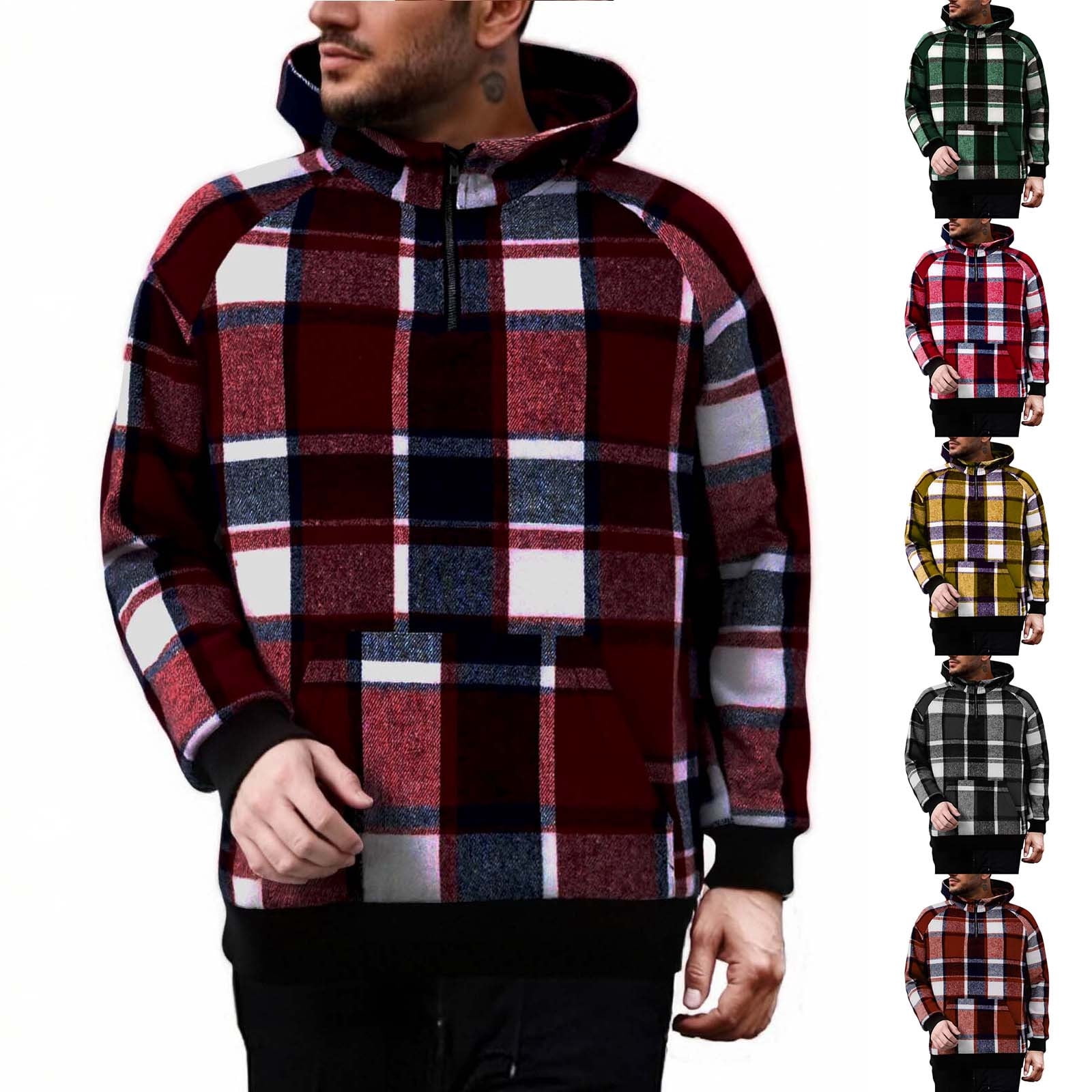 BiZtdJrK Men's 1/4 Zip Hooded Sweatshirt Christmas Plaid Long Sleeve ...