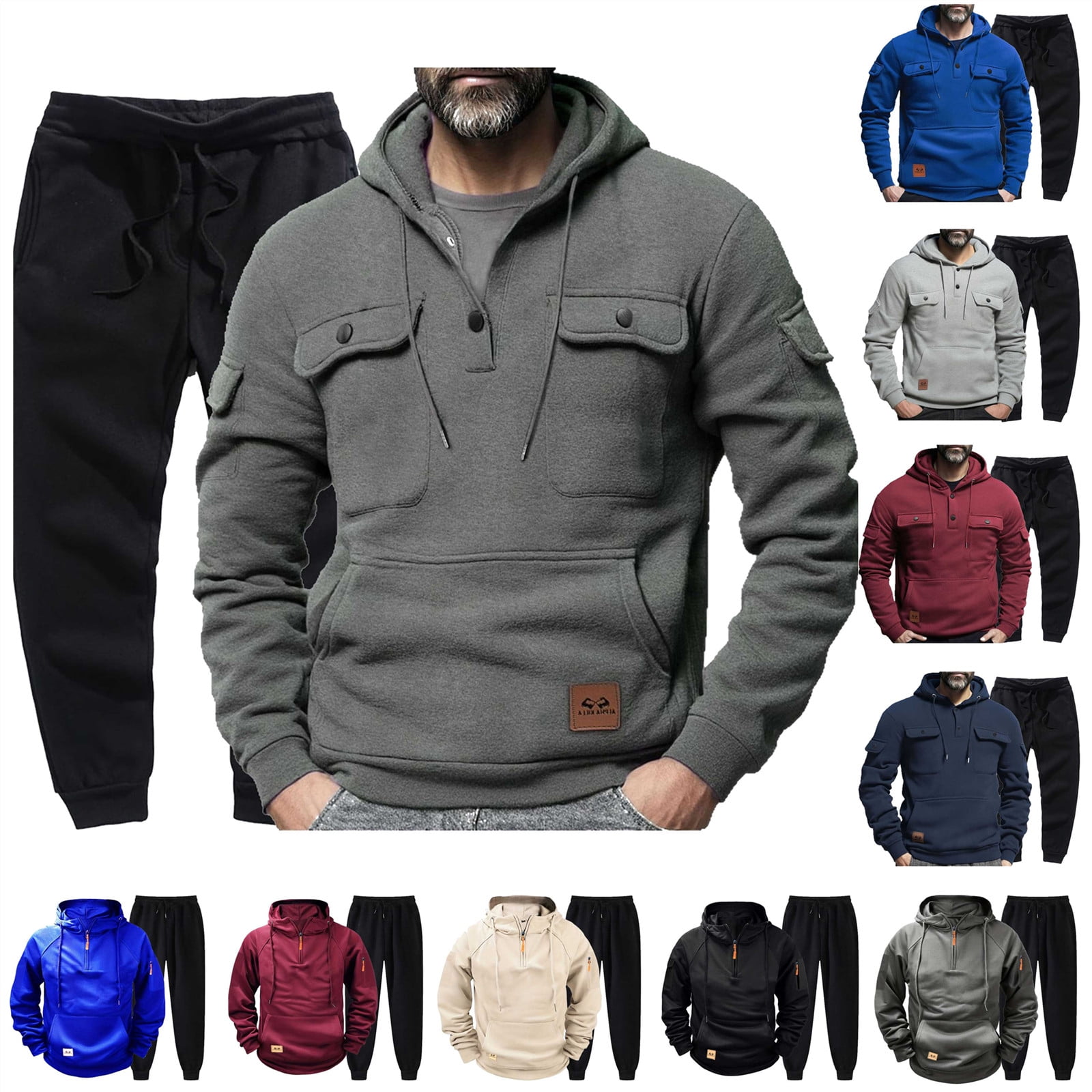 BiZtdJrK Men's Cargo Sweatsuit 2 Piece Set Quarter Zip Hoodie and ...