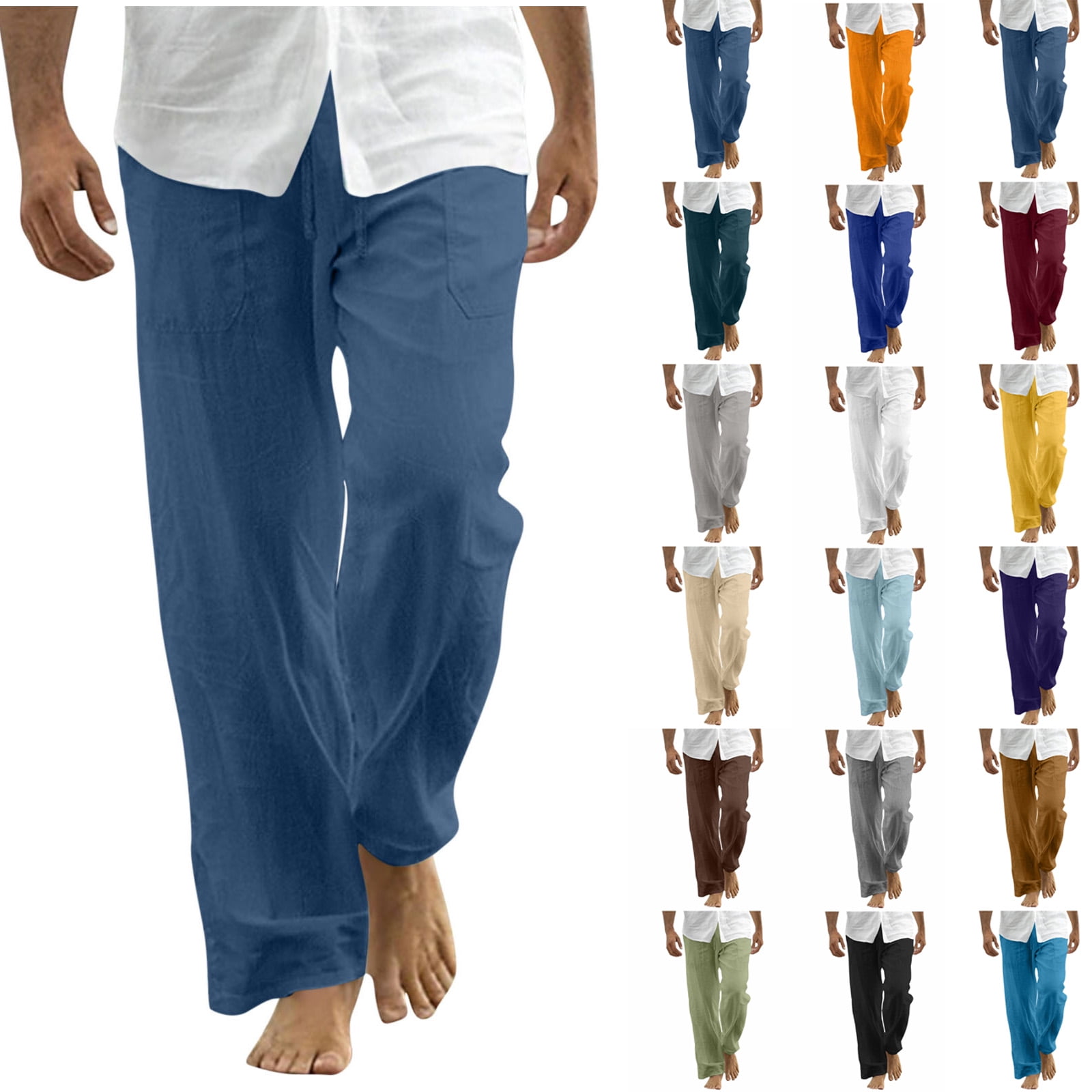 BiZtdJrK Men's Casual Linen Cotton Pants Drawstring Elastic Waist Beach ...