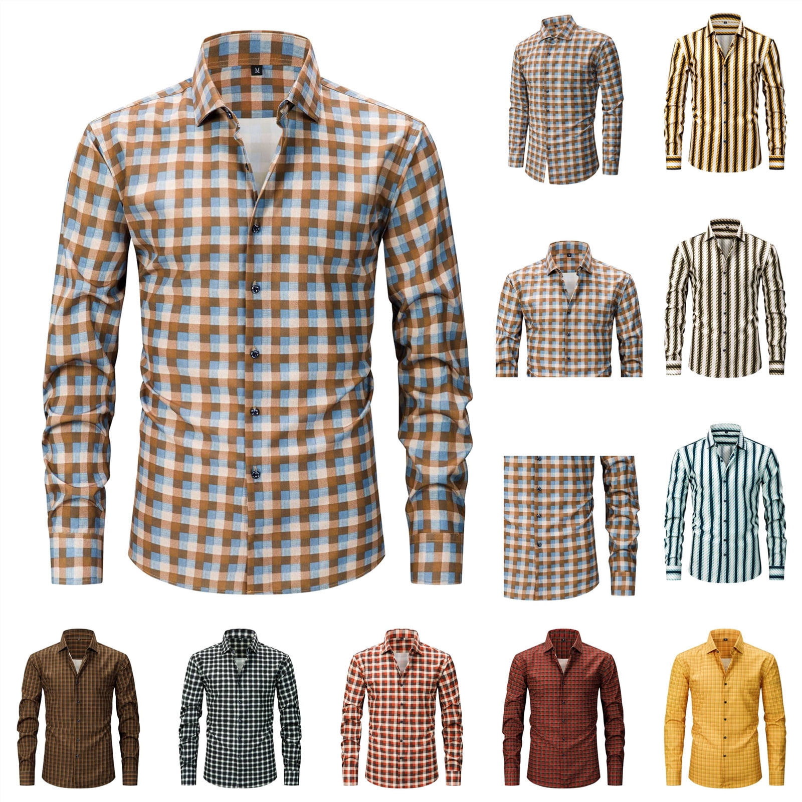 BiZtdJrK Men's Color Contrast Striped Dress Shirts Long Sleeve Casual ...