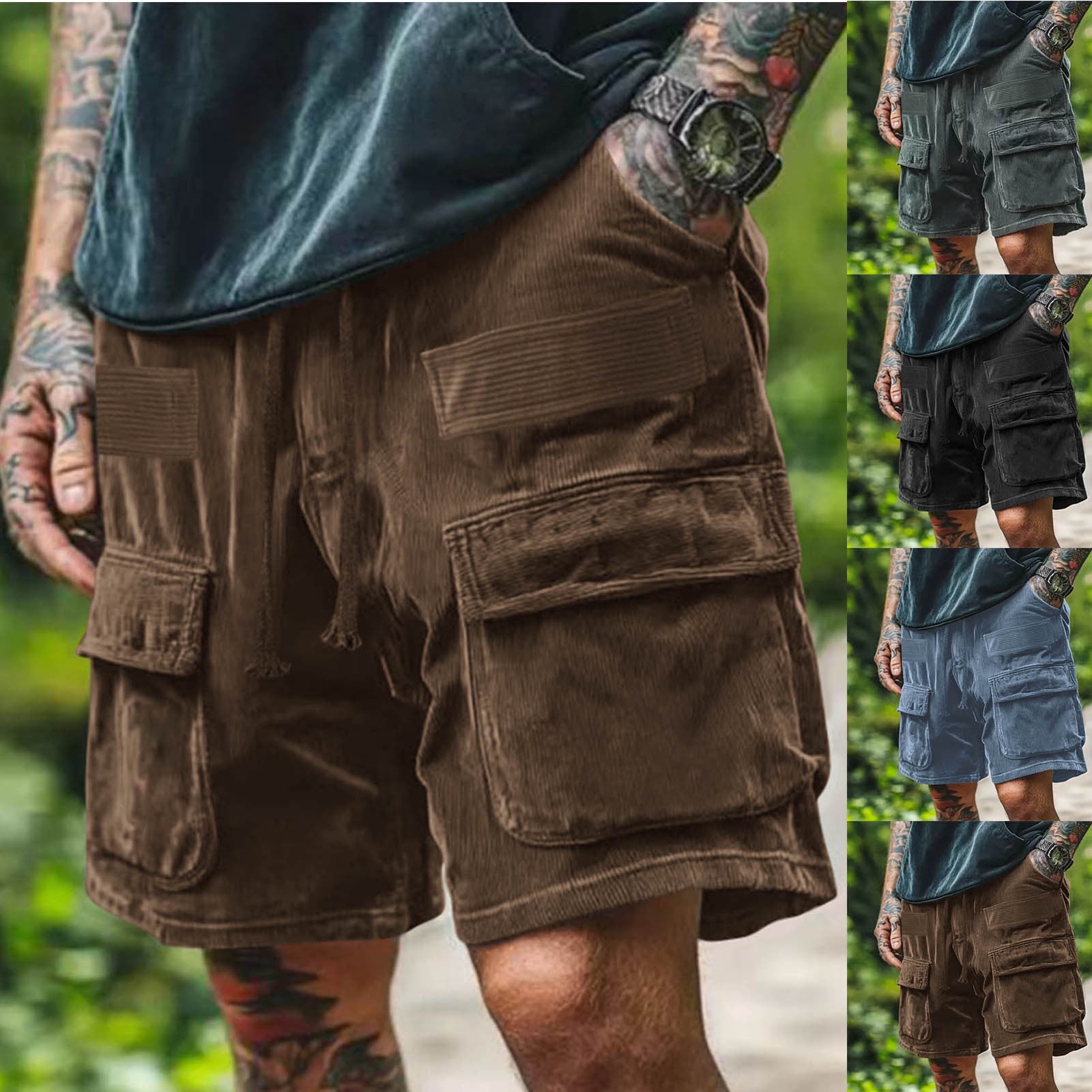 BiZtdJrK Men's Corduroy Cargo Shorts Drawstring Loose Casual Summer ...
