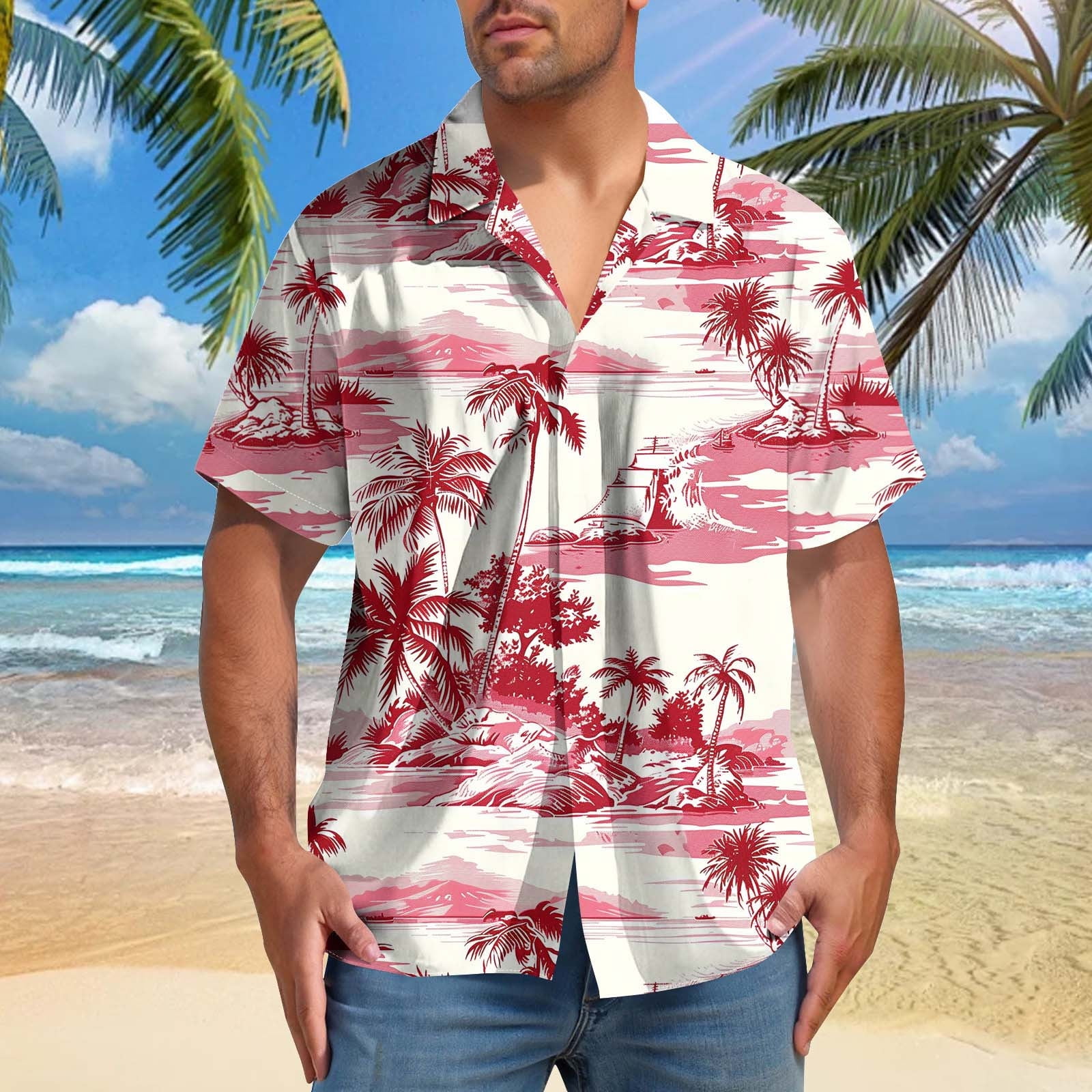 BiZtdJrK Men's Hawaiian Print Shirt Tropical Floral Fashion Travel ...