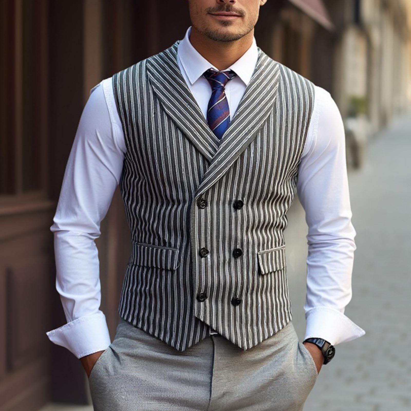 BiZtdJrK Men's Lapel formal Vest Striped Double Breasted Suit Vests ...
