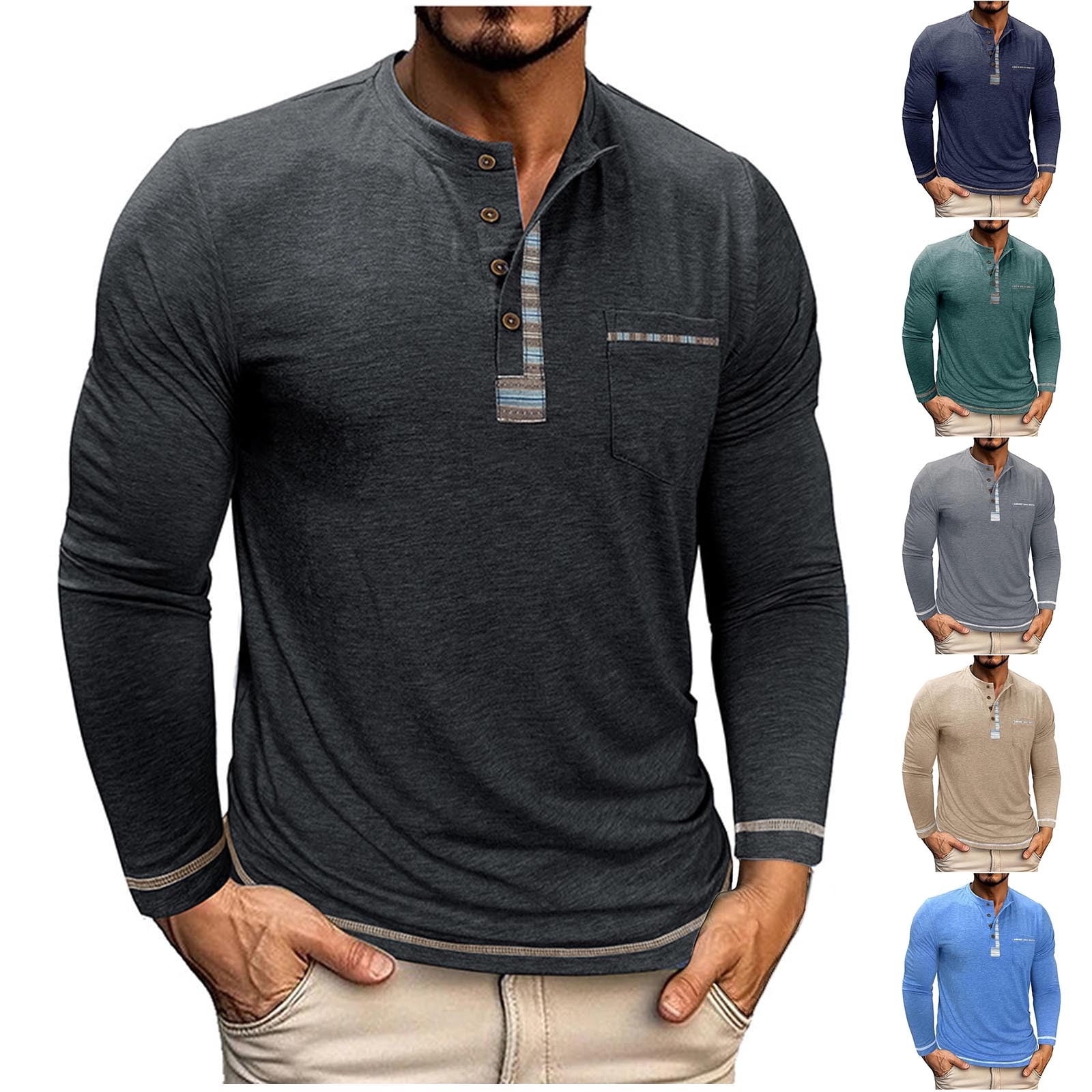 BiZtdJrK Men's Long Sleeve Henley Shirts Casual Cotton Button Pullover ...