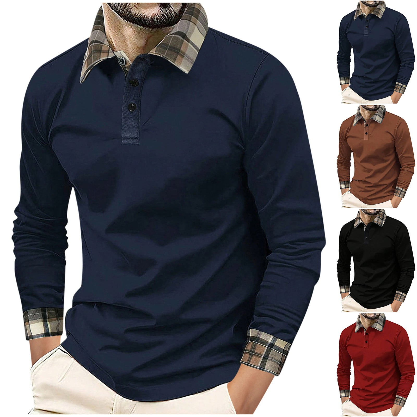 BiZtdJrK Men's Long Sleeve Lapel Collar Golf Shirts Fashion Plaid ...