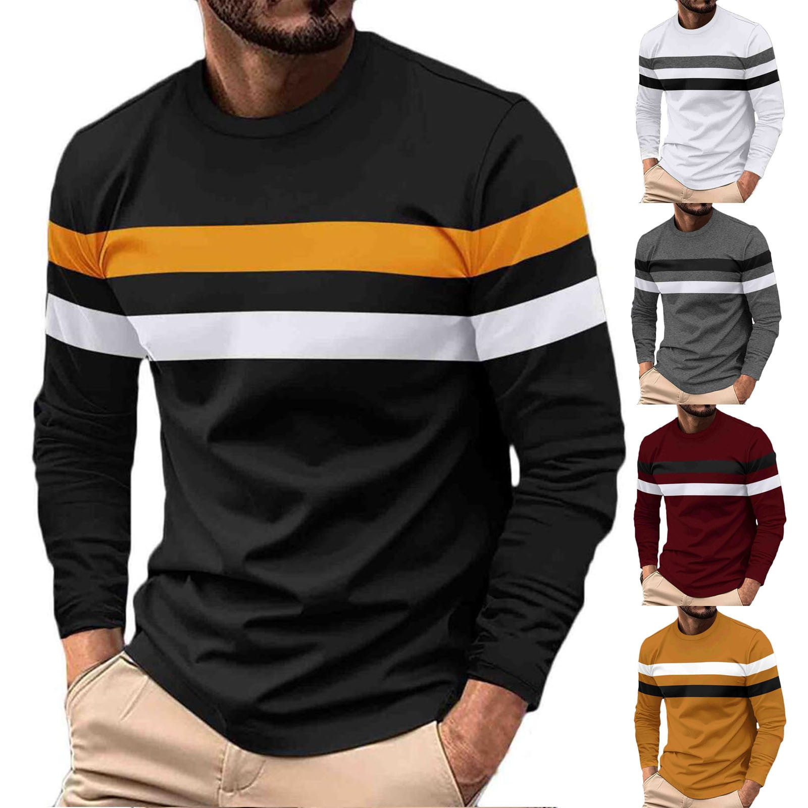 BiZtdJrK Men's Long Sleeve Pullover Shirts Striped Print Crewneck Cool ...