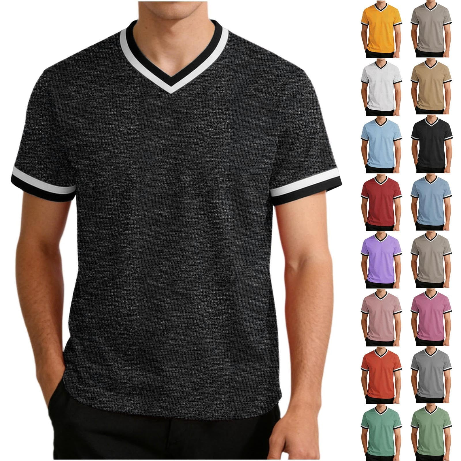 BiZtdJrK Men's Mesh Short Sleeve V-Neck T-Shirt Contrast Trim ...