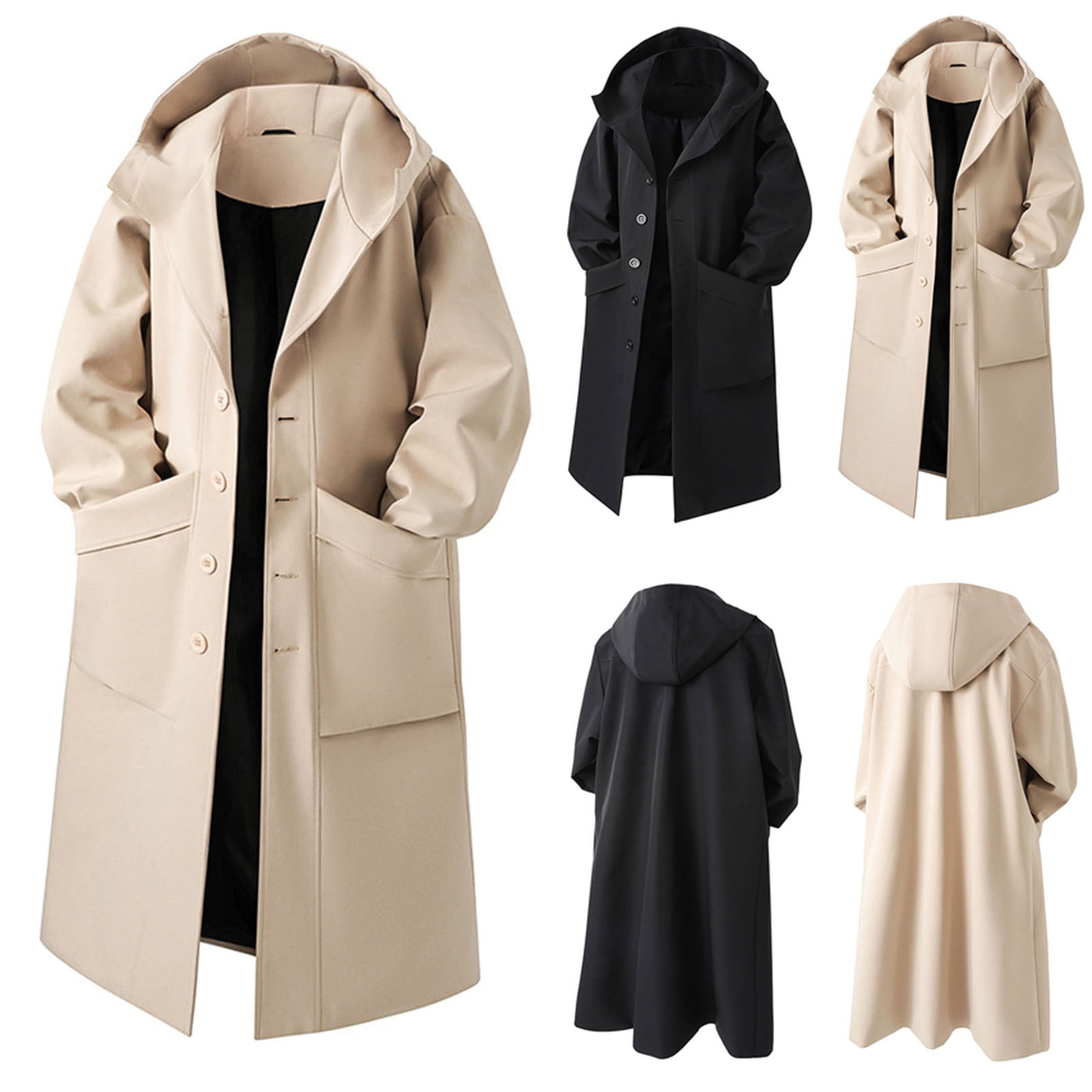 BiZtdJrK Men's Mid Long Trench Coat with Hood Casual Single Breasted ...