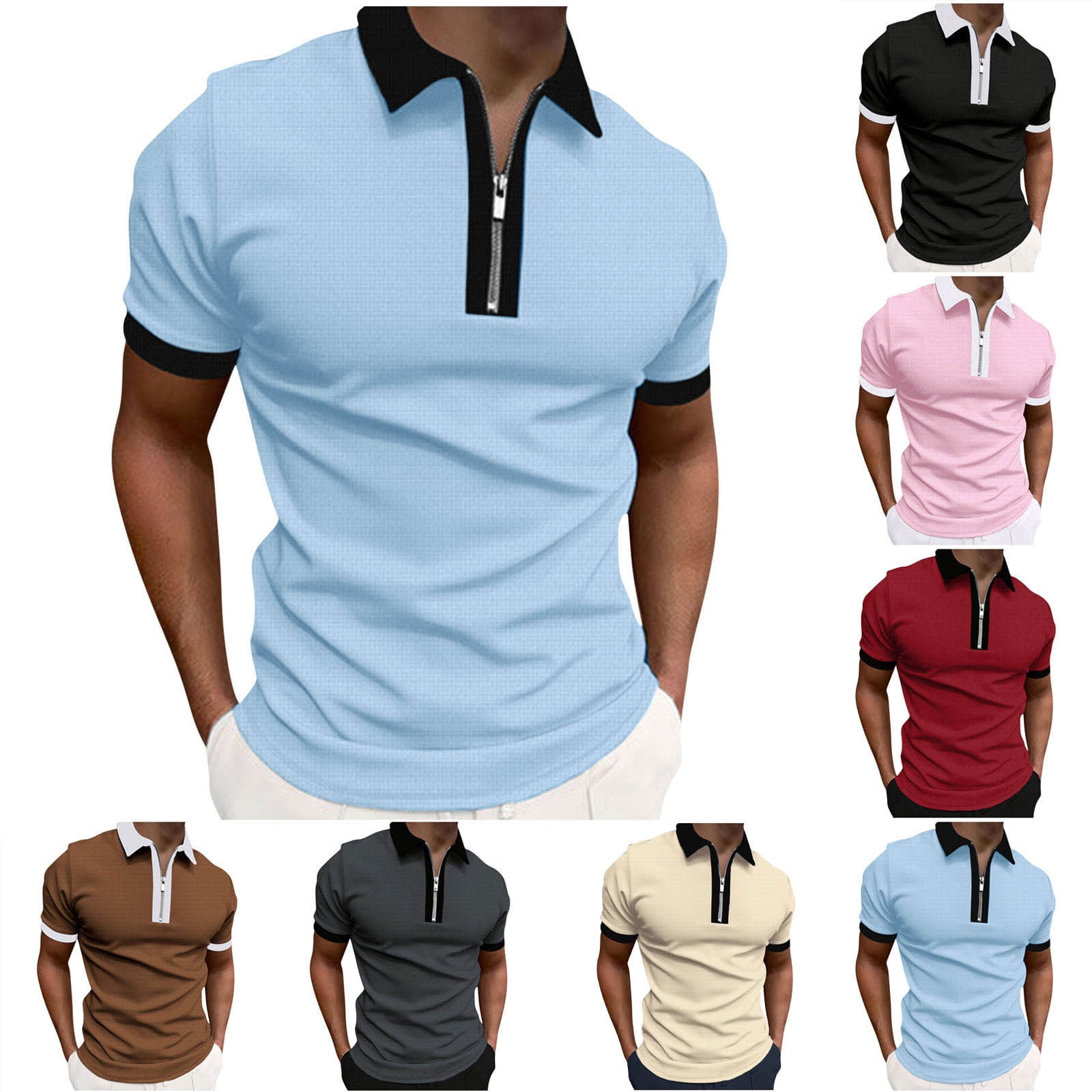 BiZtdJrK Men's Quarter Zip Polos Shirts Fashion Waffle Solid Casual ...