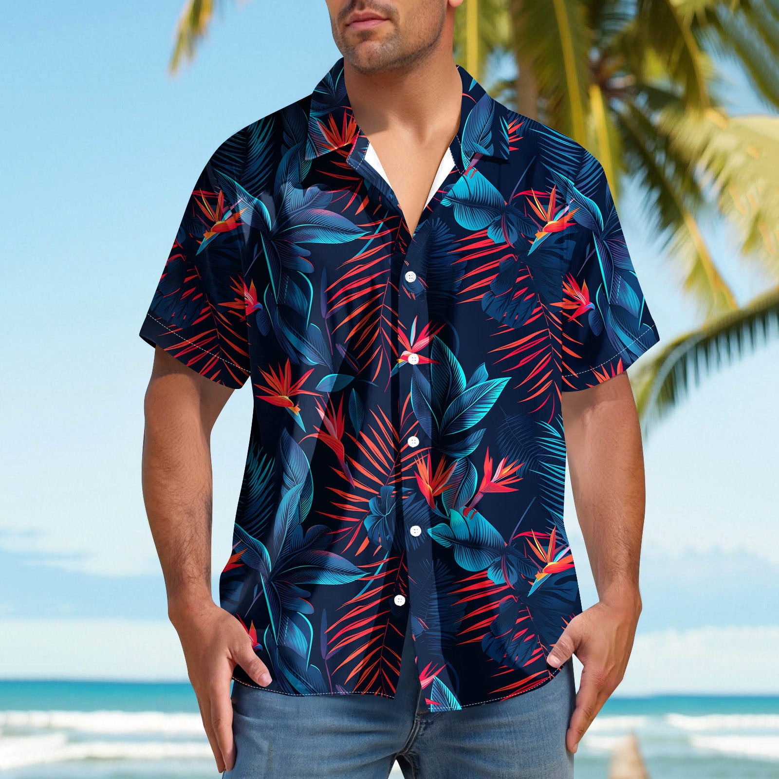BiZtdJrK Men's Vacation Shirts Short Sleeve Hawaiian Floral Summer ...