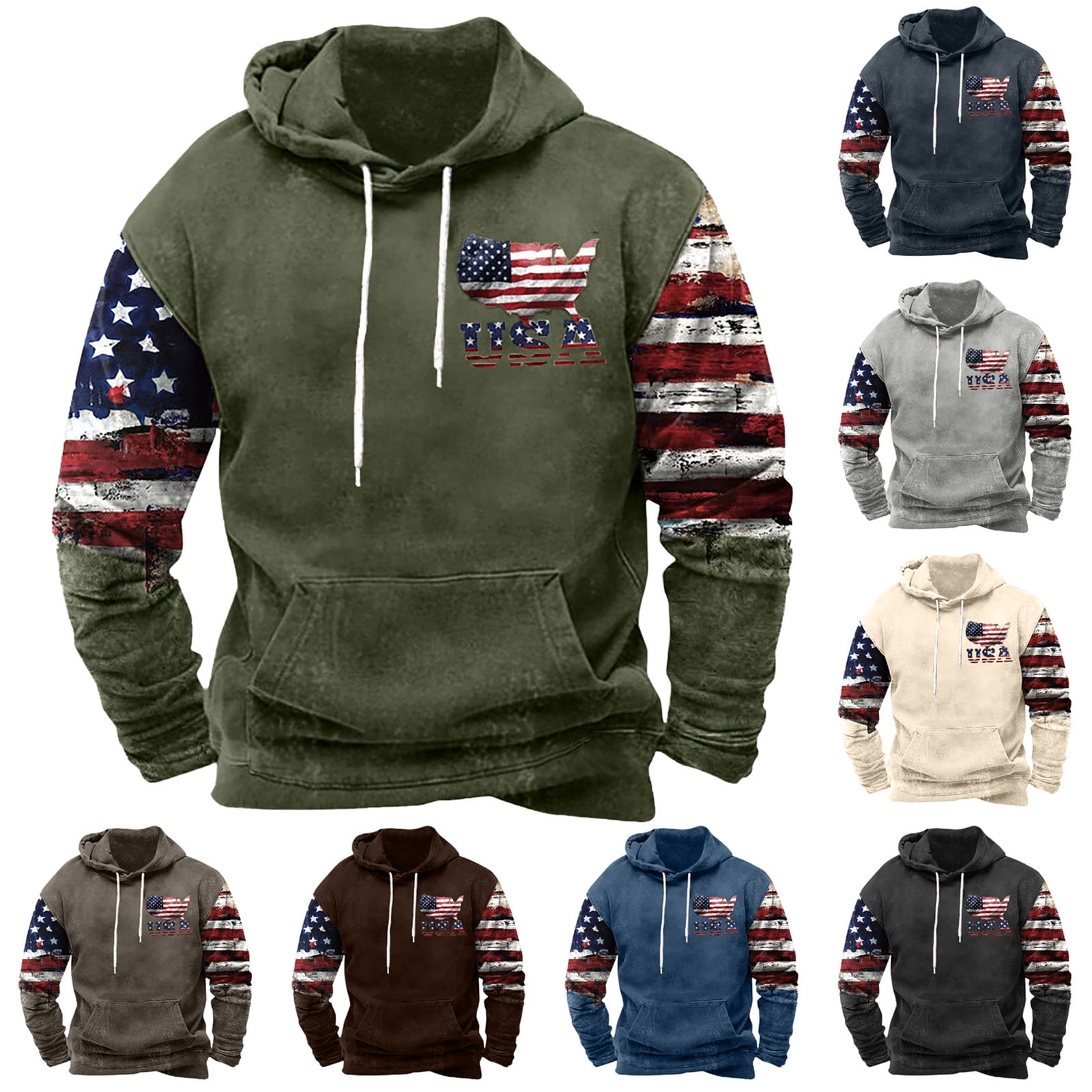 BiZtdJrK Men's Vintage Hoodie American Flag Print Long Sleeve Pullover ...
