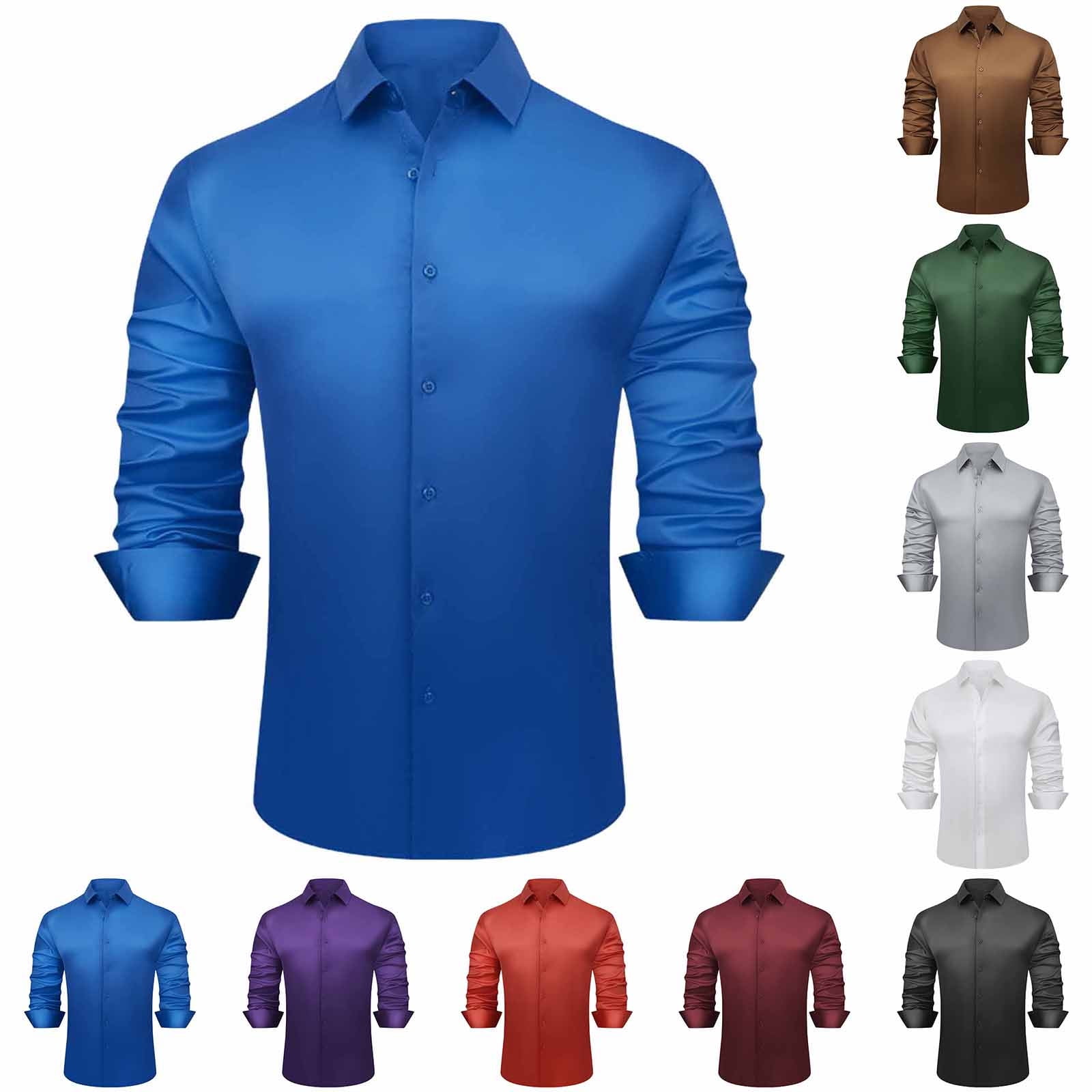 BiZtdJrK Mens Business Casual Shirts Satin Silk Long Sleeve Button Down ...