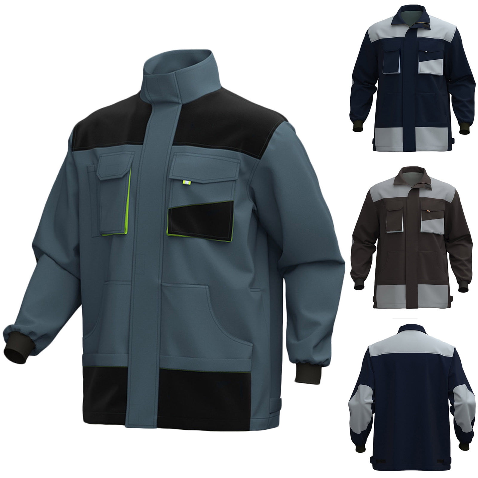 BiZtdJrK Mens Cargo Jacket Color Block Zip Up Stand Collar Coat Multi Pockets Work Jackets Big ...