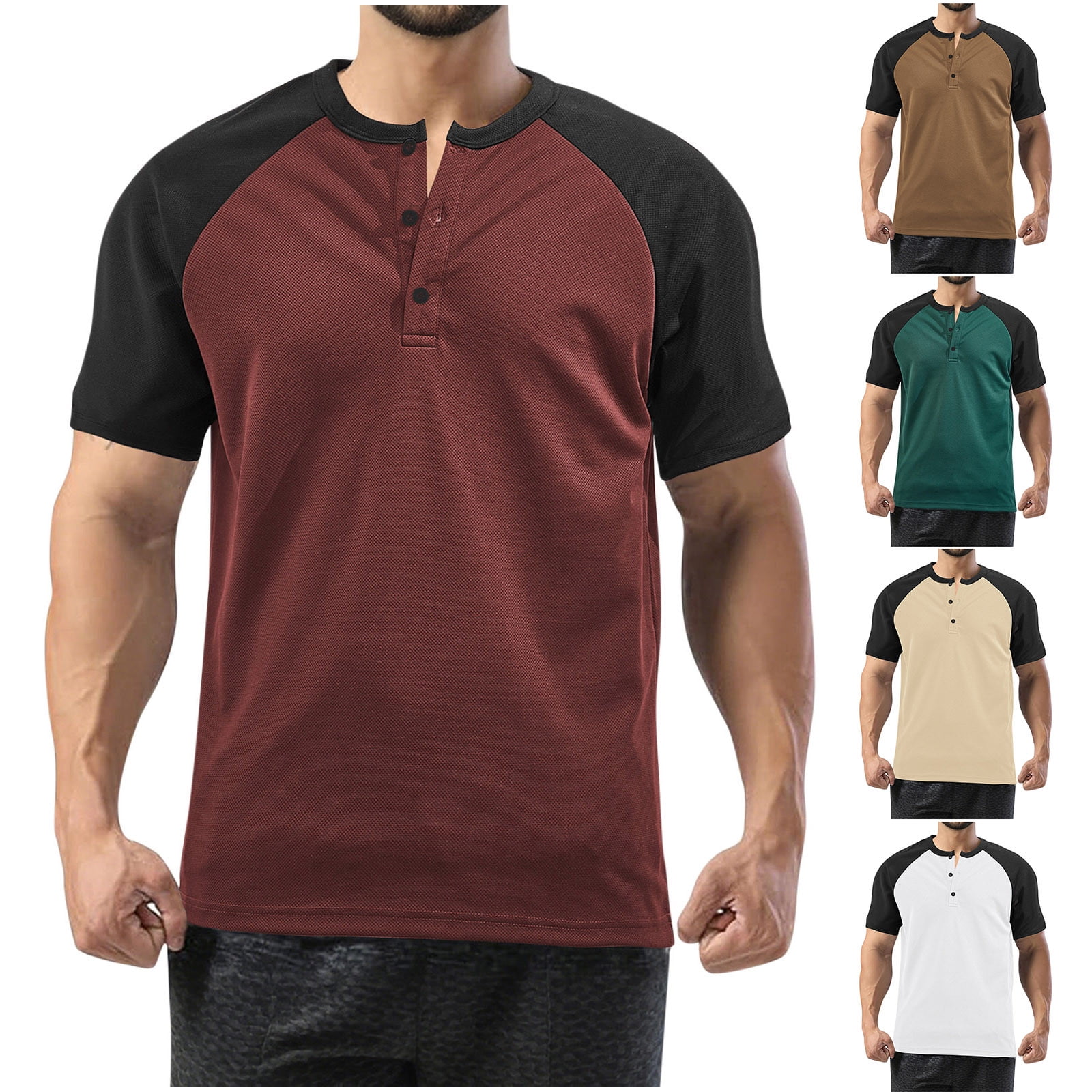 BiZtdJrK Mens Color Block Casual Henley Shirt Short Sleeve Raglan T ...