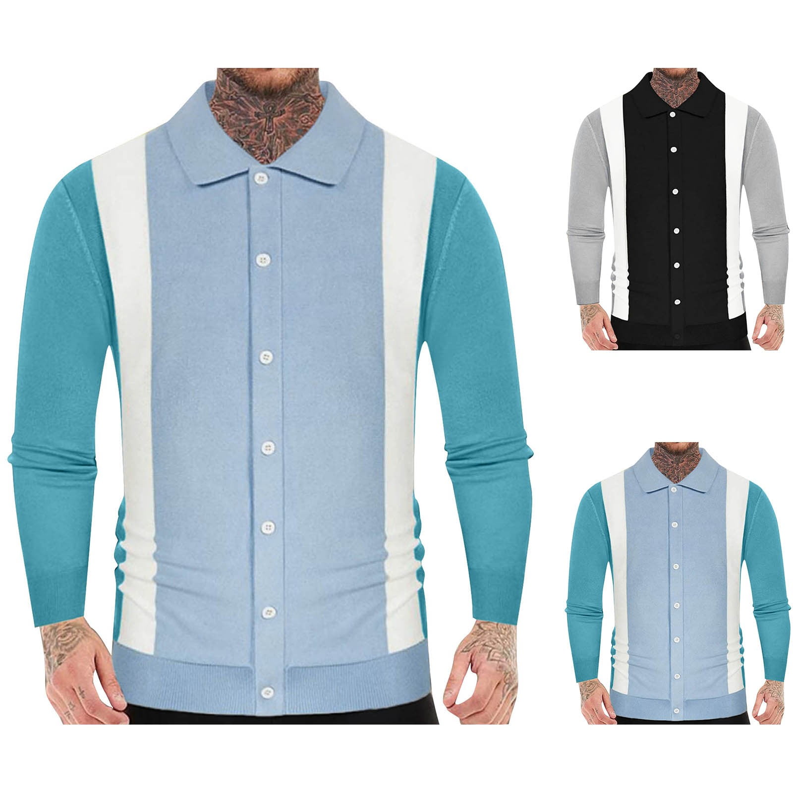 BiZtdJrK Mens Color Block Long Sleeve Knit Shirts Regular Fit Business ...