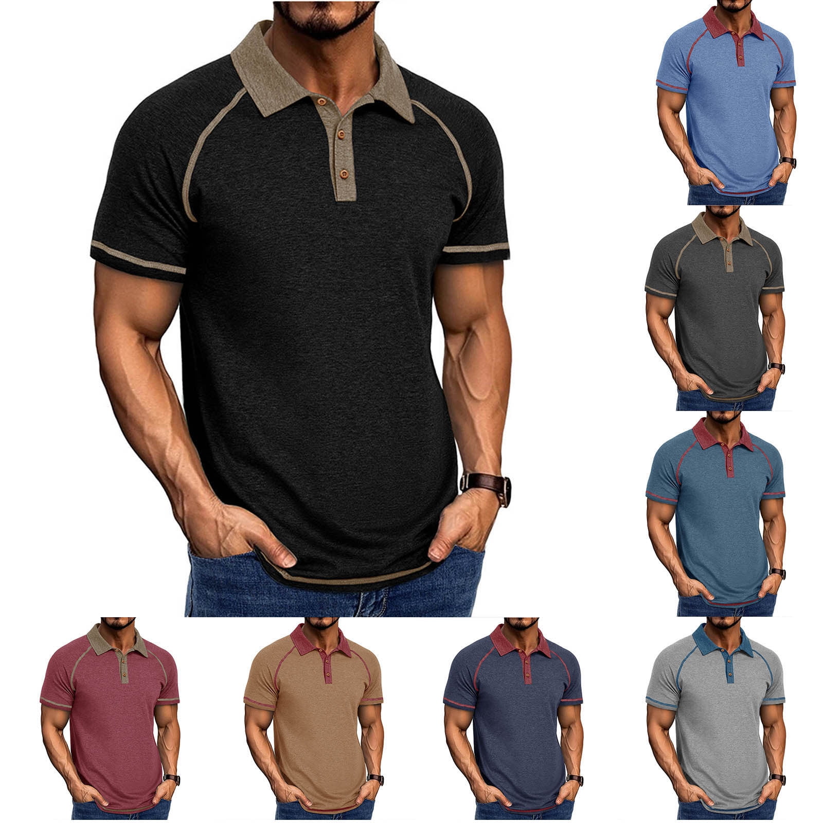 BiZtdJrK Mens Contrast Collar Polos Lightweight Moisture Wicking Golf Shirt Raglan Short Sleeve ...