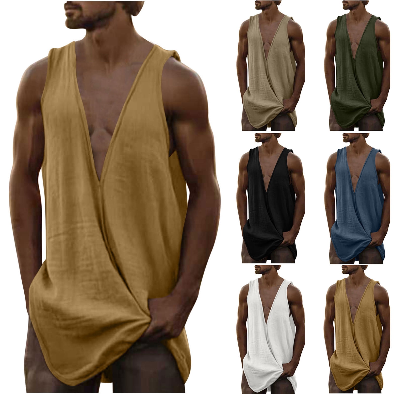BiZtdJrK Mens Deep V Neck Tank Tops Summer Lightweight Linen Sleeveless ...