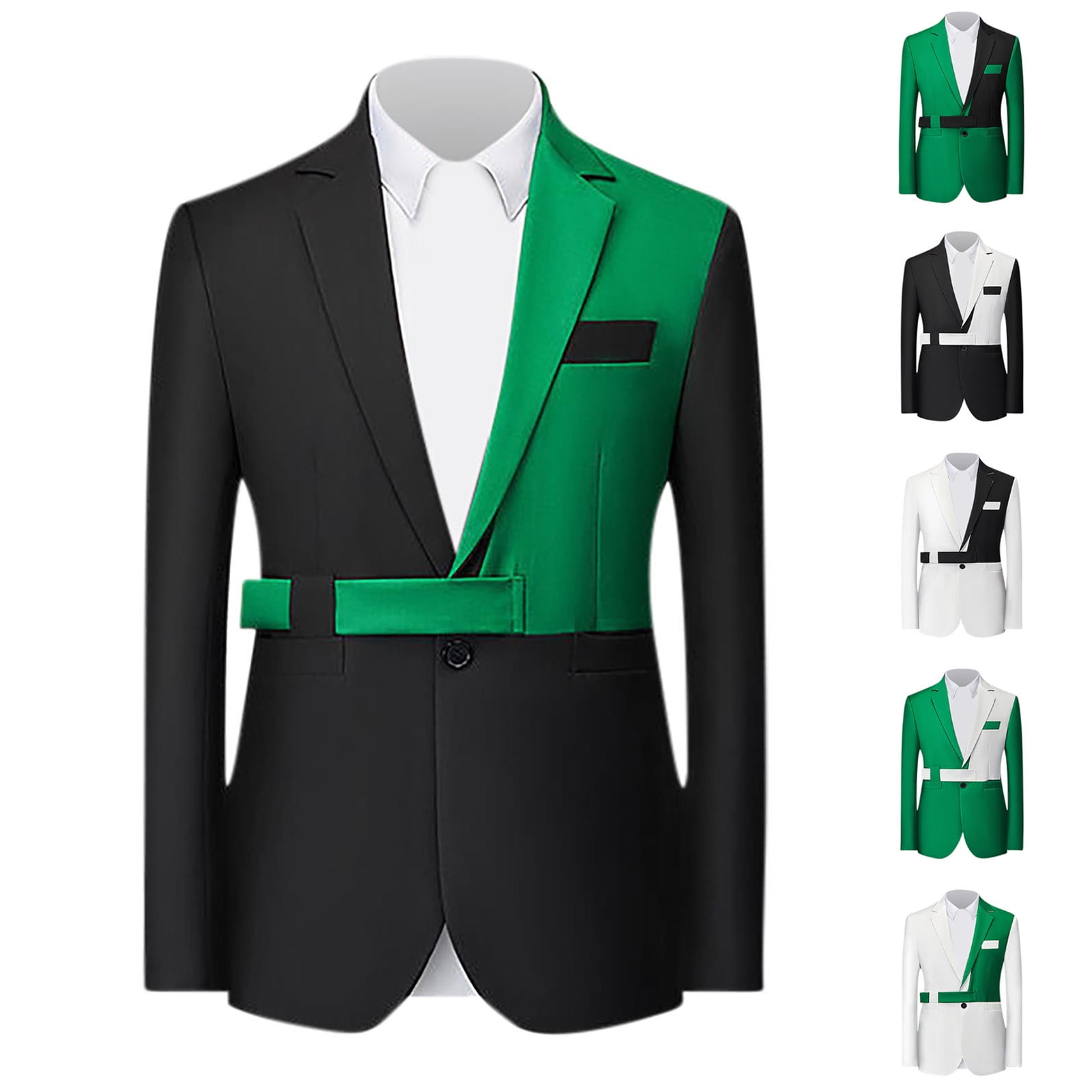 BiZtdJrK Mens Fashion Party Jacket Color Block One Button Belted Casual ...