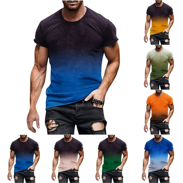 BiZtdJrK Mens Gradient Print T Shirts Short Sleeve Crew Neck Athletic ...
