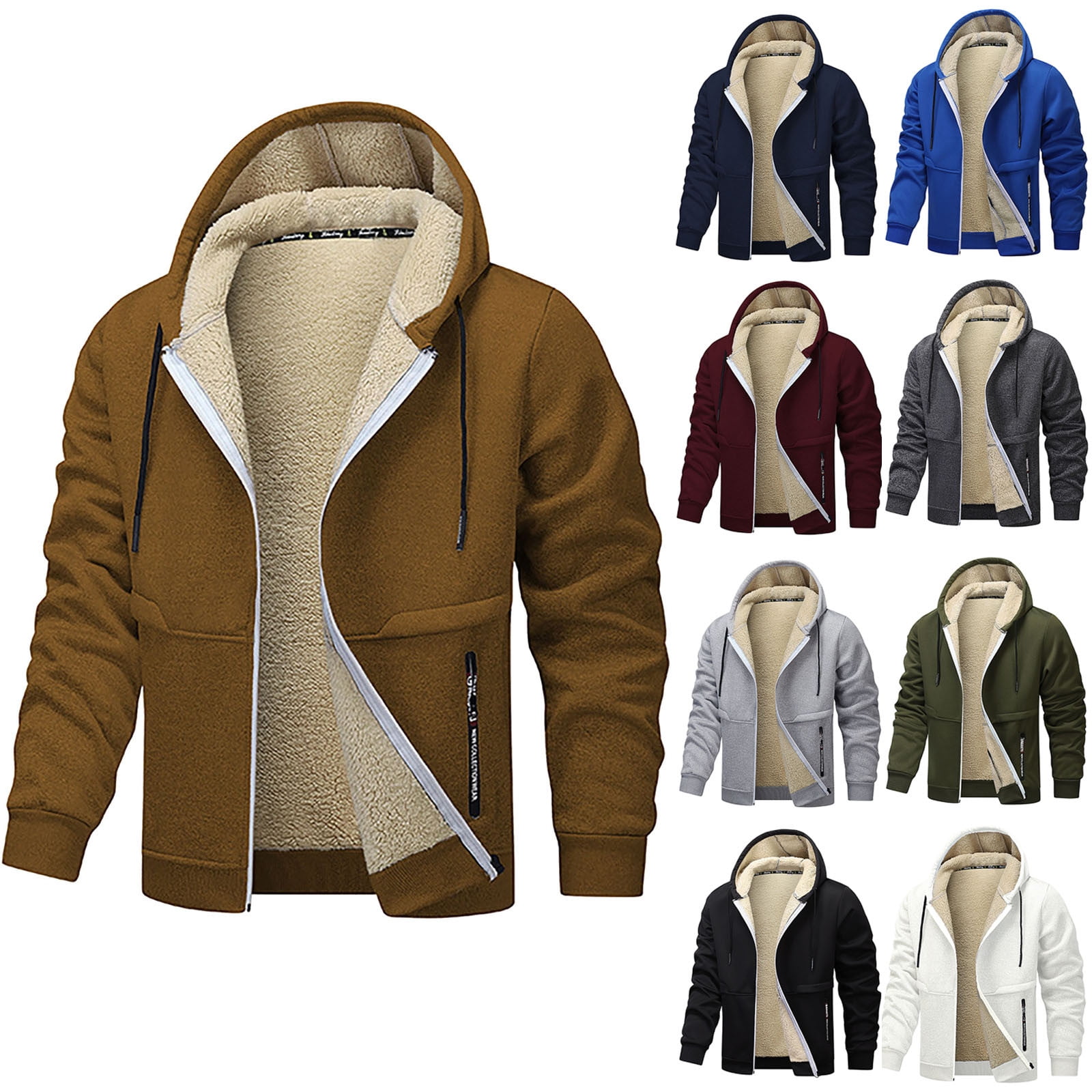 BiZtdJrK Mens Hooded Jackets Sherpa Fleece Lined Long Sleeve Zipper ...