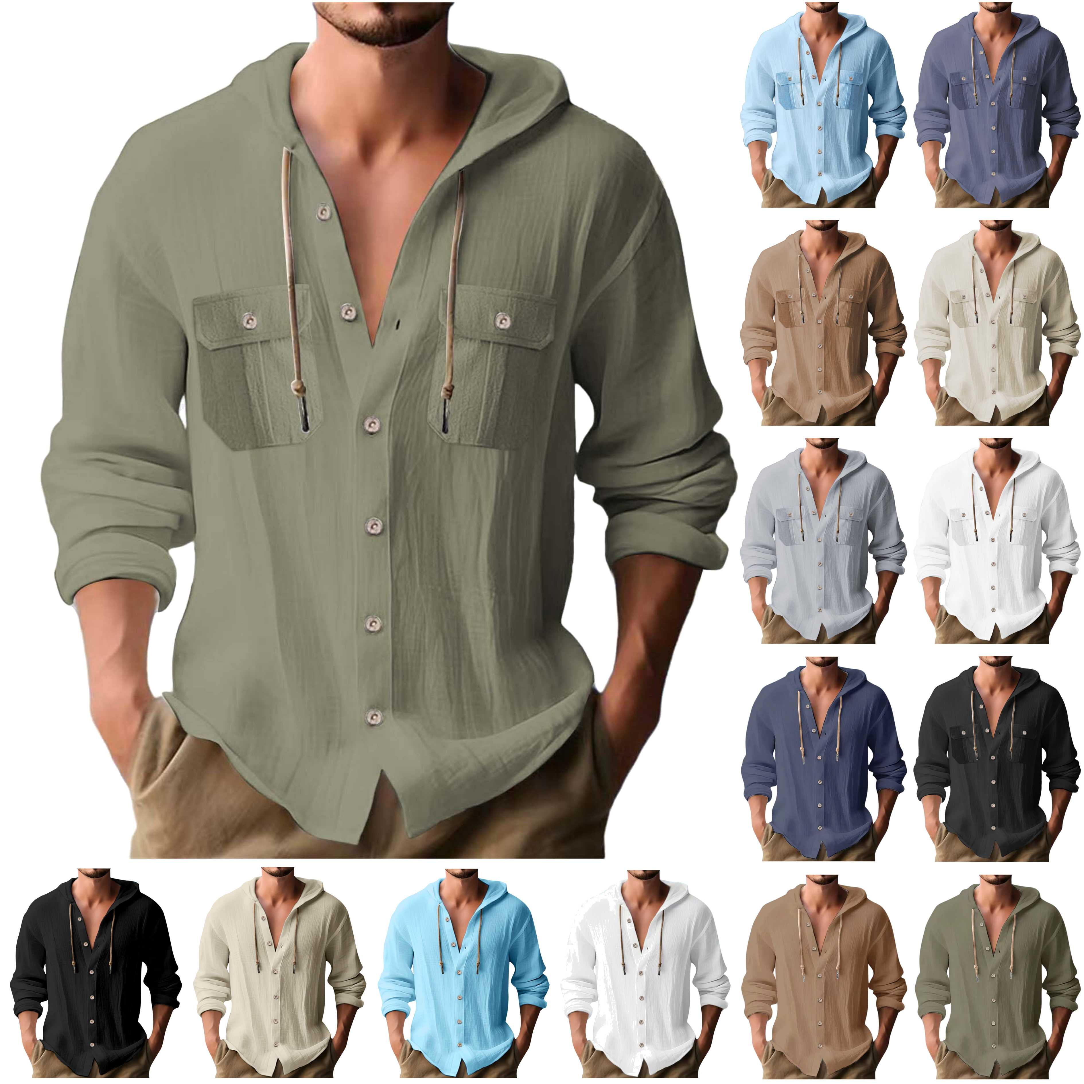 BiZtdJrK Mens Long Sleeve Linen Shirts Drawstring Hooded Button Down ...